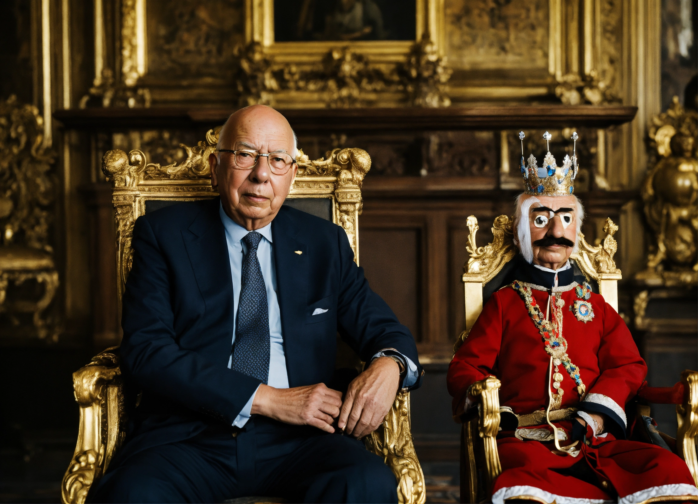 Lexica - VERY OLD KLAUS SCHWAB SITTING IN A CHAIR WEARING A CROWN A ...