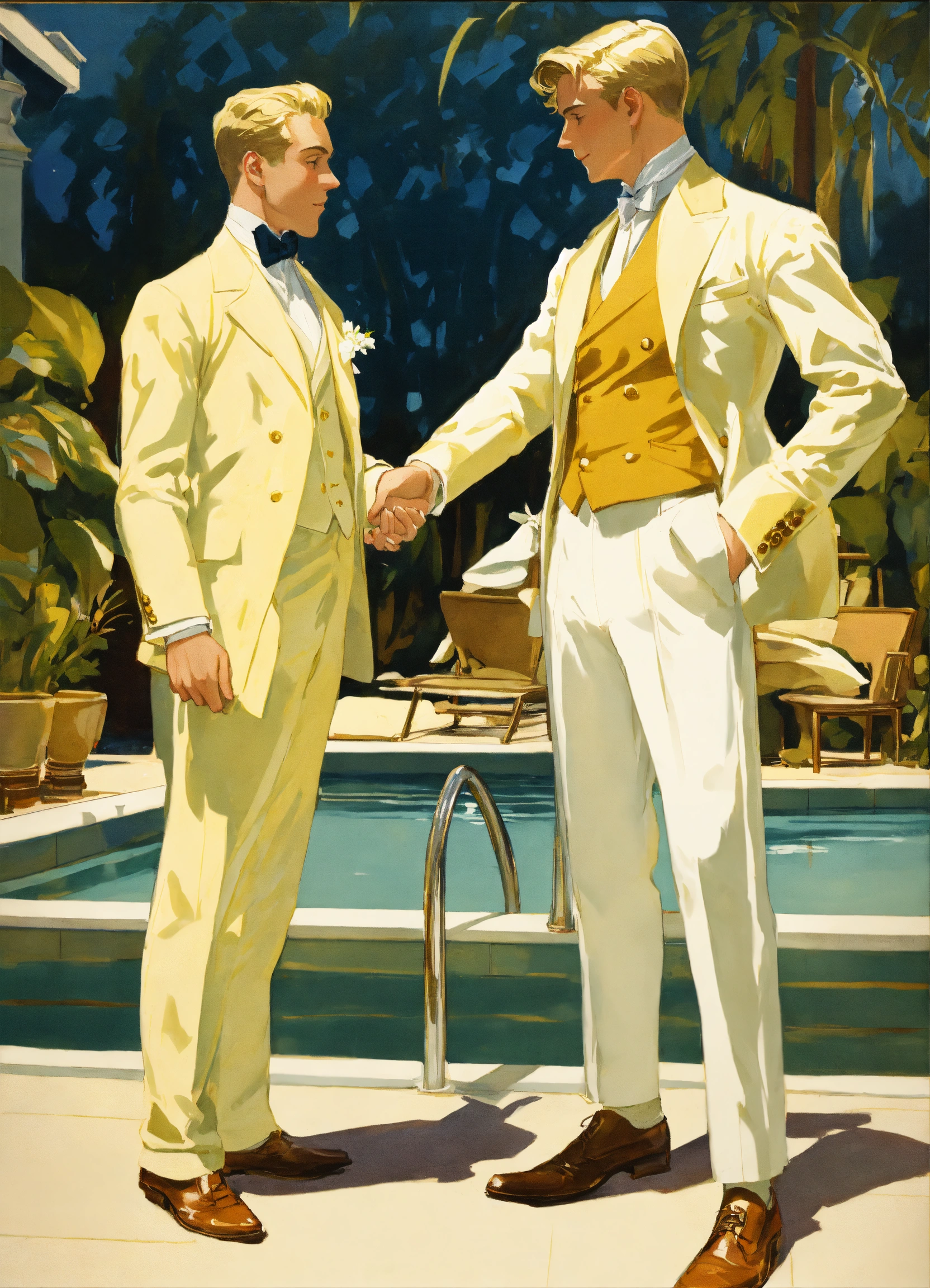 Lexica - A young blonde gentleman in fresh butter vested suit shaking ...