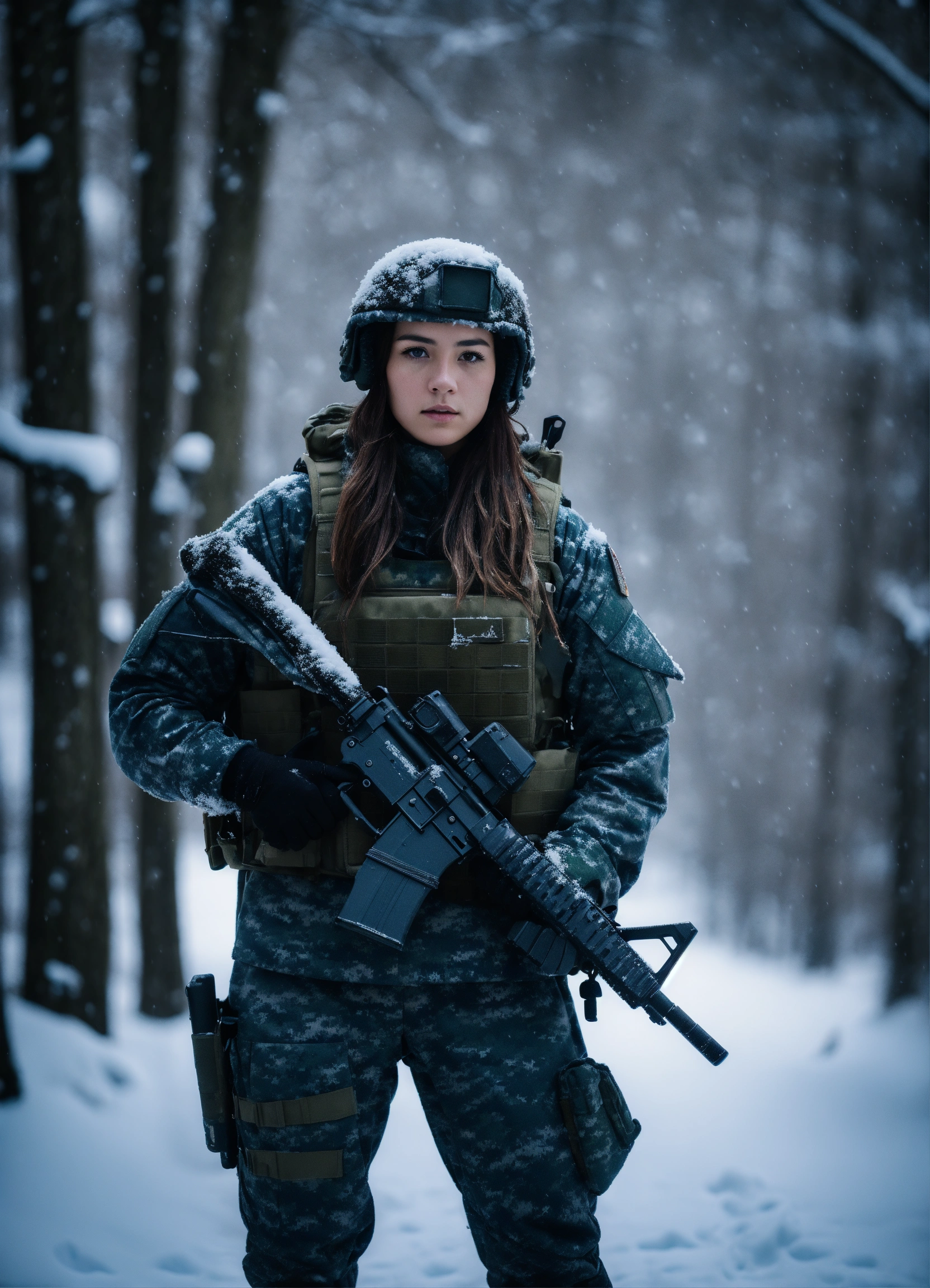Lexica - A beautiful brunette soldier girl, wearing winter camo military gear, camo plate ...