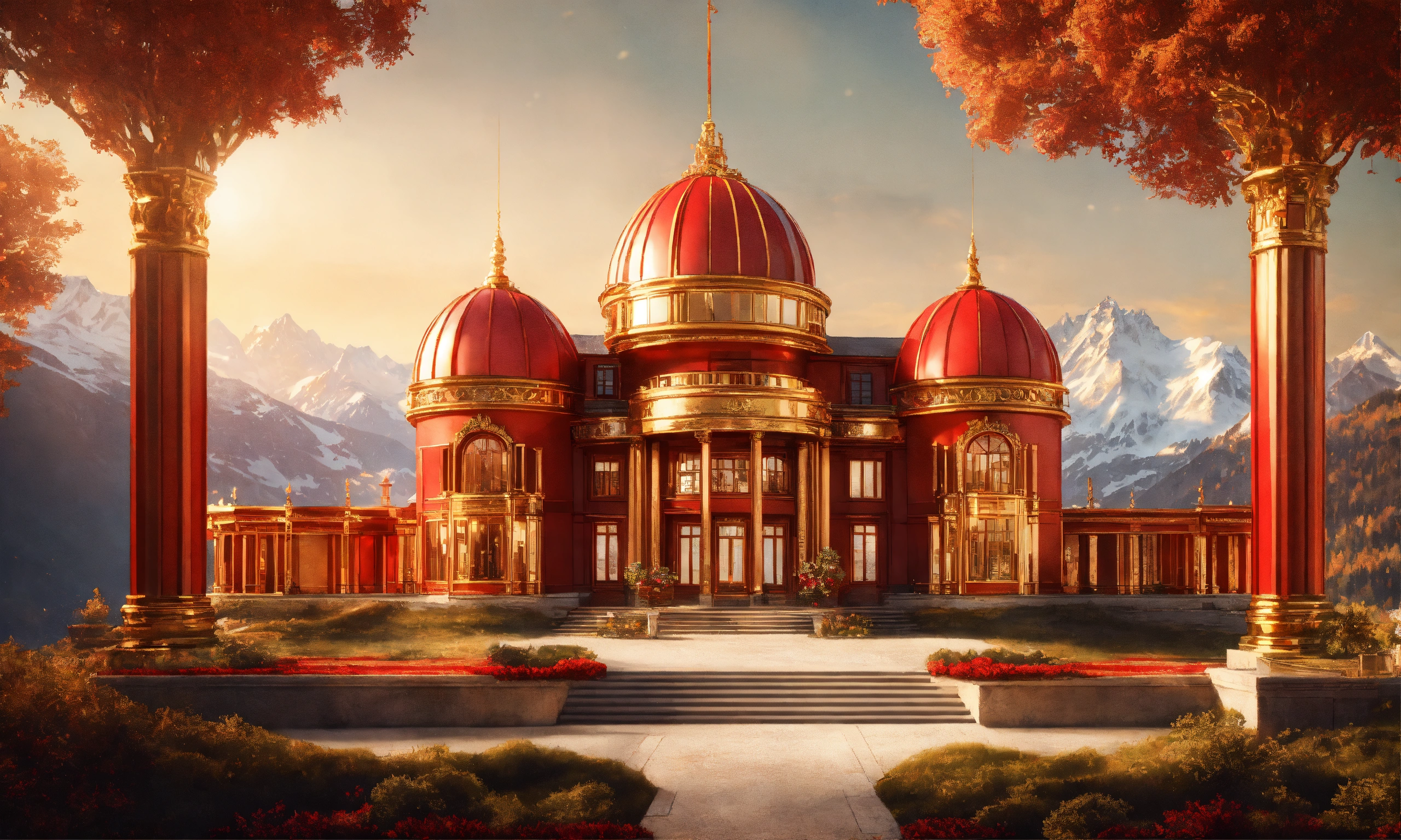 Lexica - Beautiful elegant red and gold futuristic palace in the alps ...