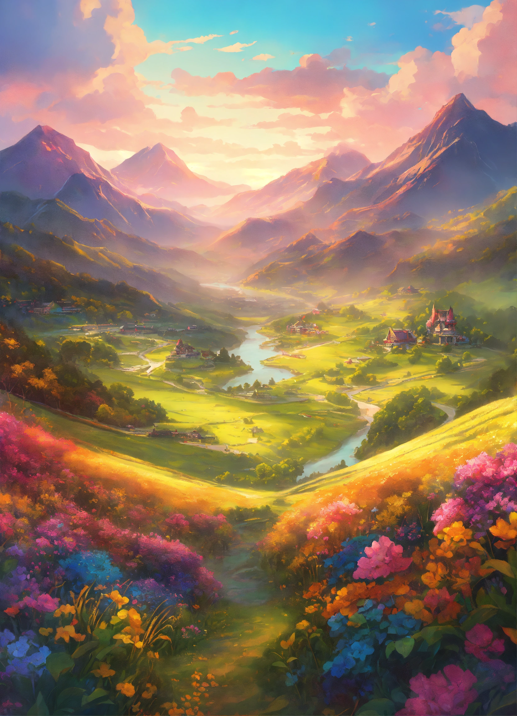 Lexica - Illustration of a beautiful fantasy paradise, golden, meadows ...