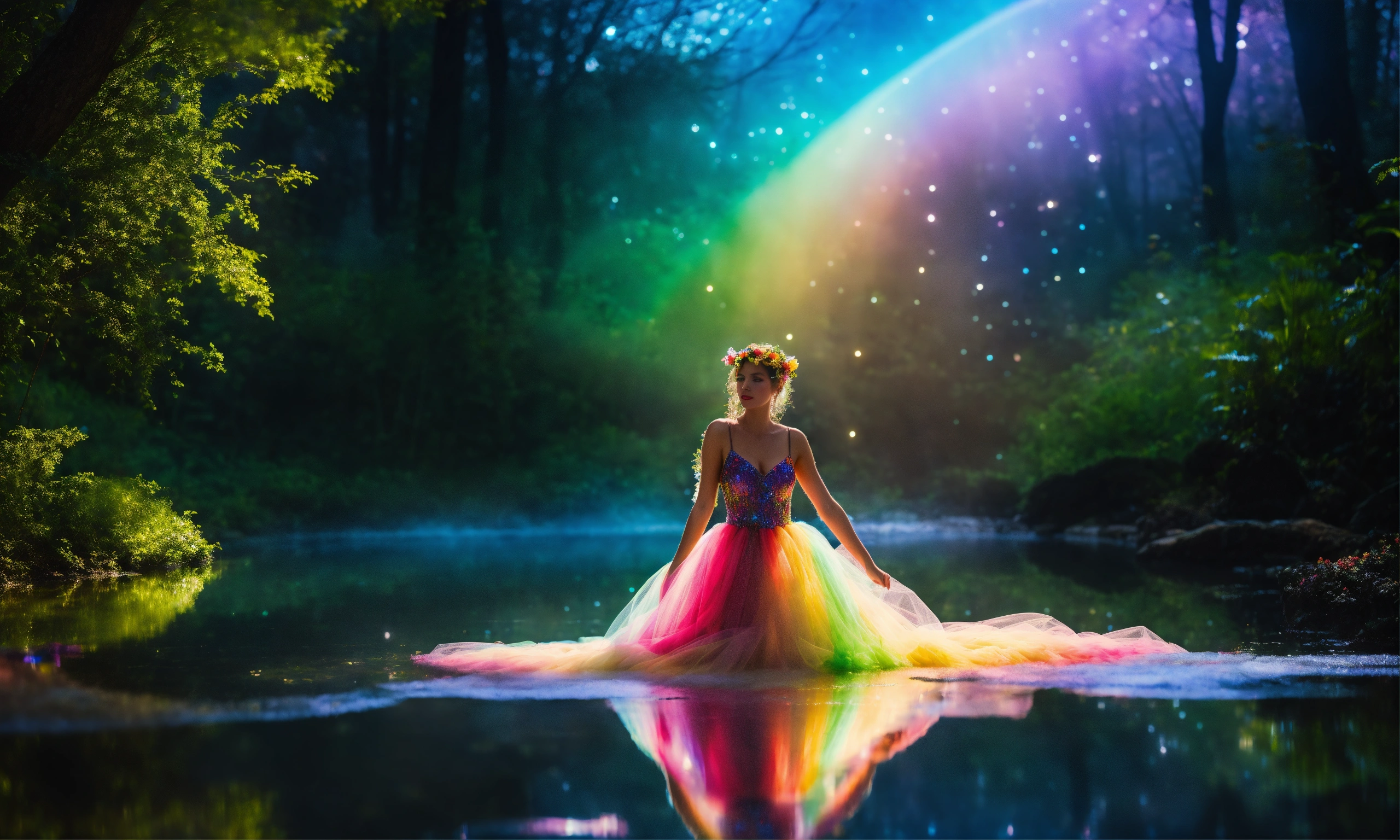 Lexica - Beautiful rainbow fairy in a tulle dress in a reflection pool ...