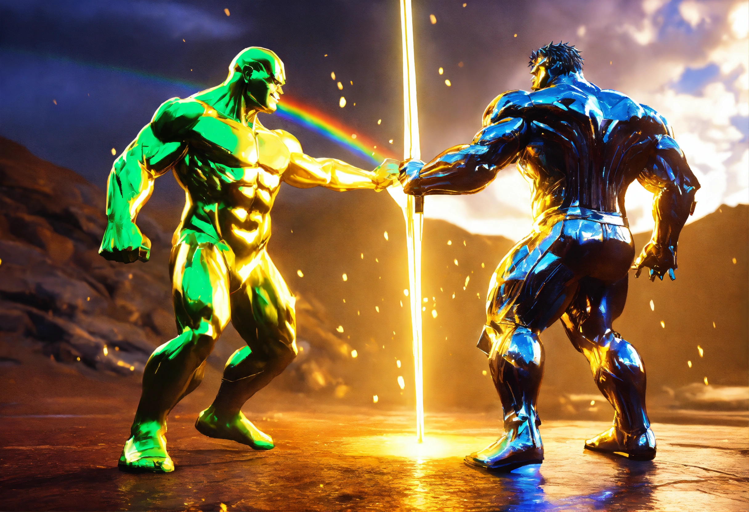 Lexica - Golden dark silver surfer vs Glowing Chrome hulk god, rainbow ...