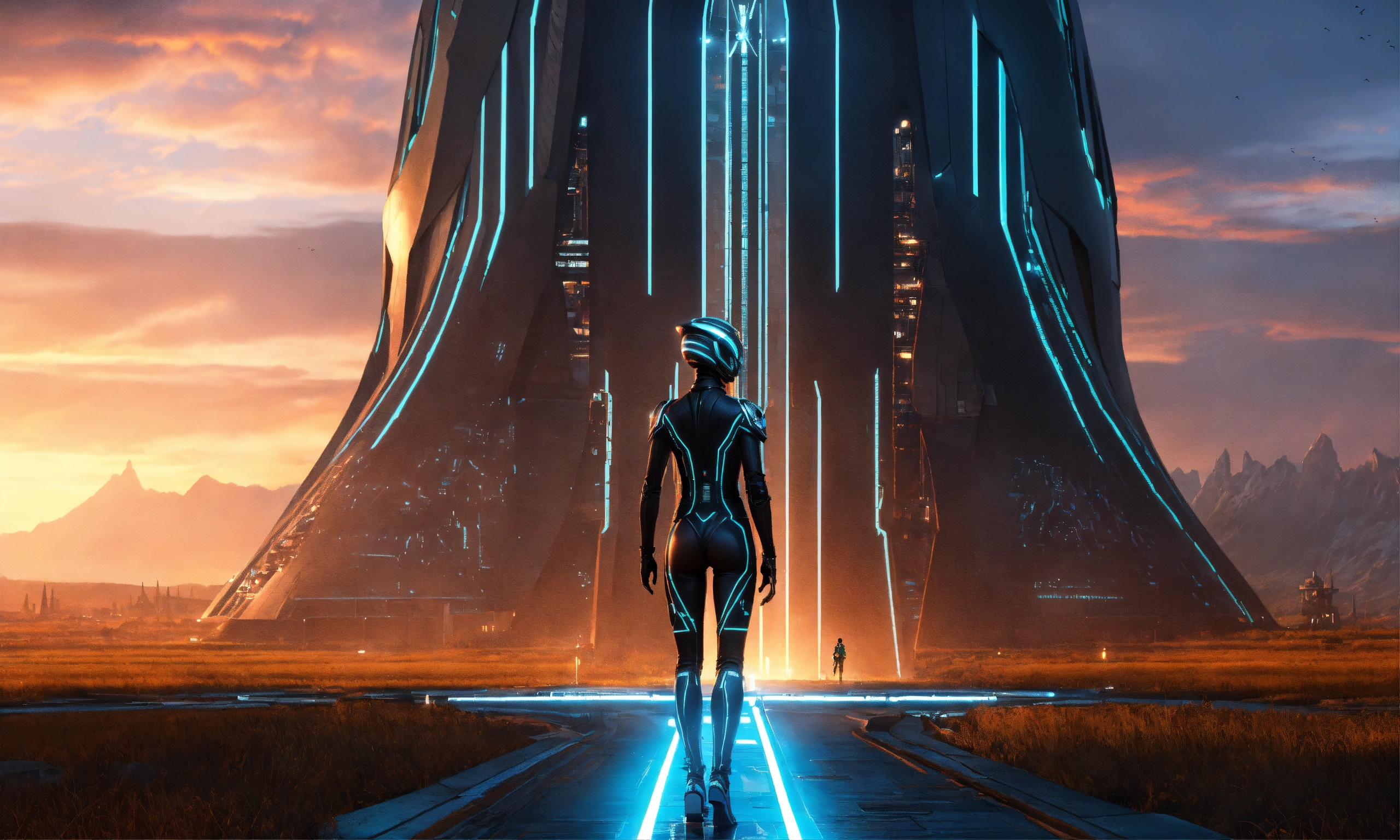 Lexica - Wide shot of the back of a female super spy wearing a tight ...