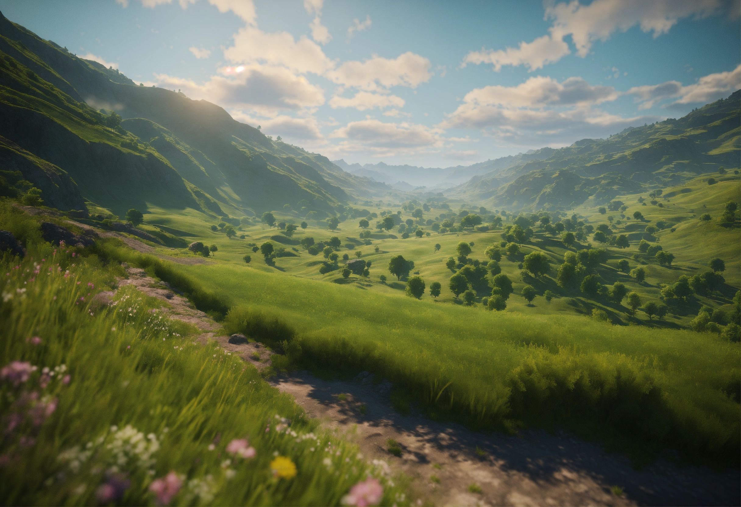 Lexica - Long shot of an epic landscape in summer with green rolling ...