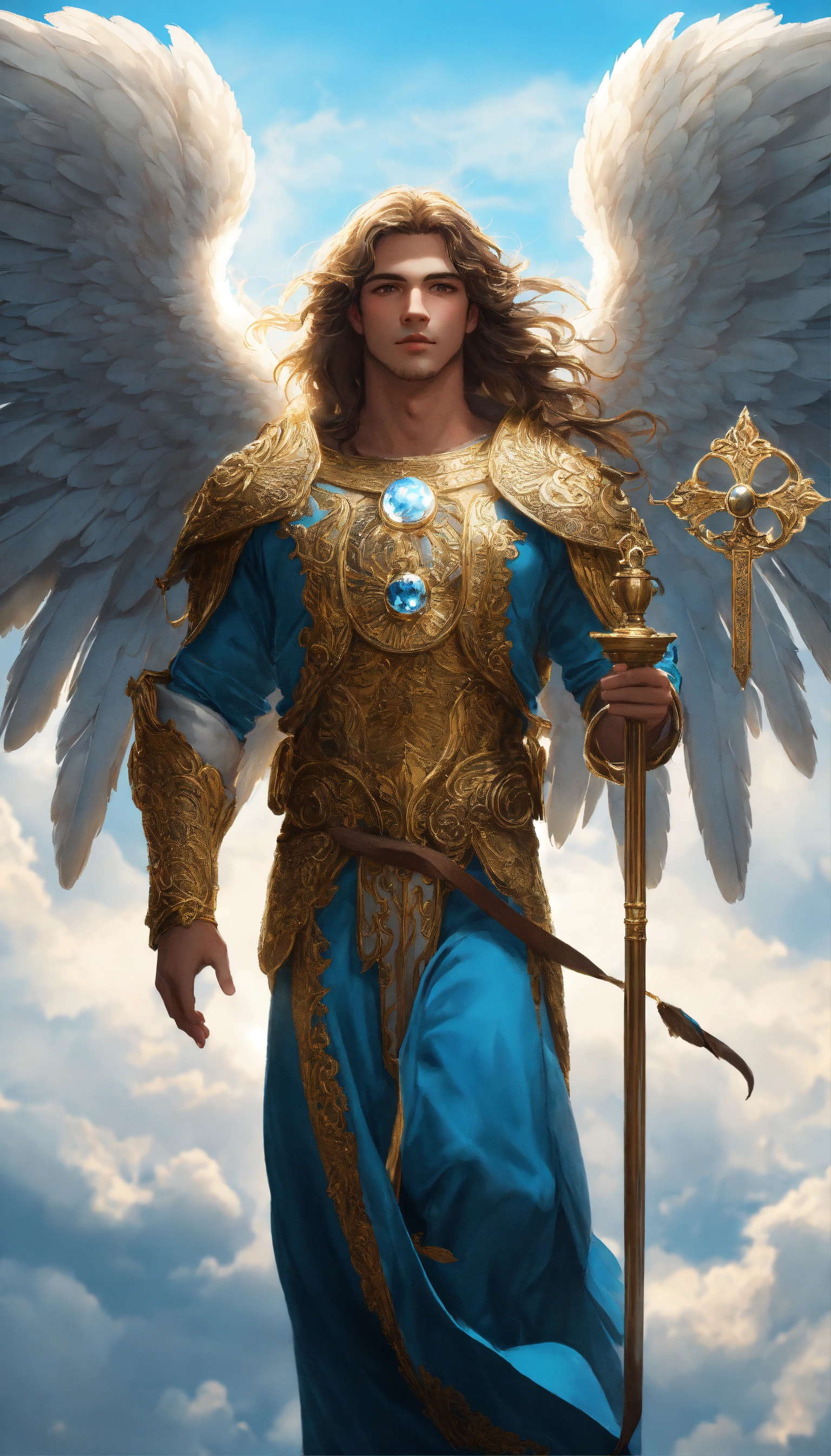 Lexica - 8k Portrait of a male guardian angel, majestic, long hair, 2 long wings, in a cloudy ...