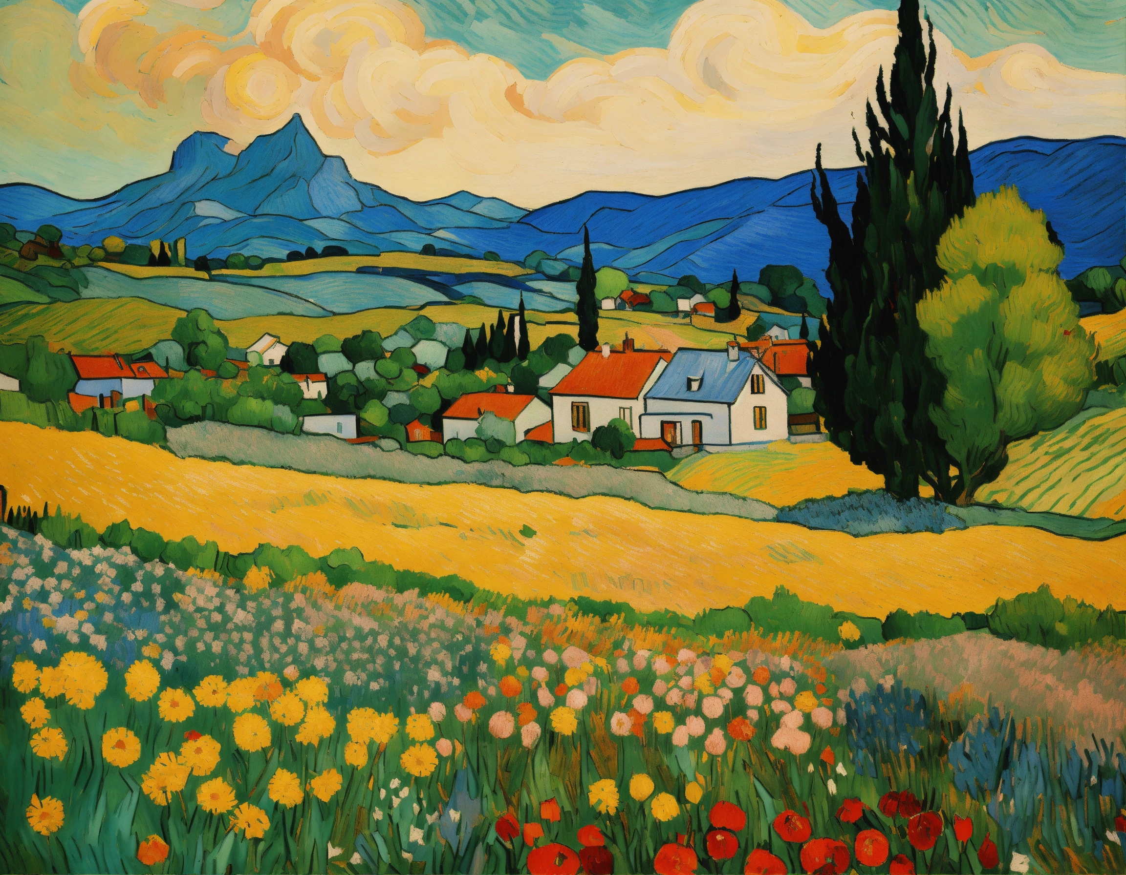 Lexica - Drawing of a field full of flowers of all colors, van gogh ...