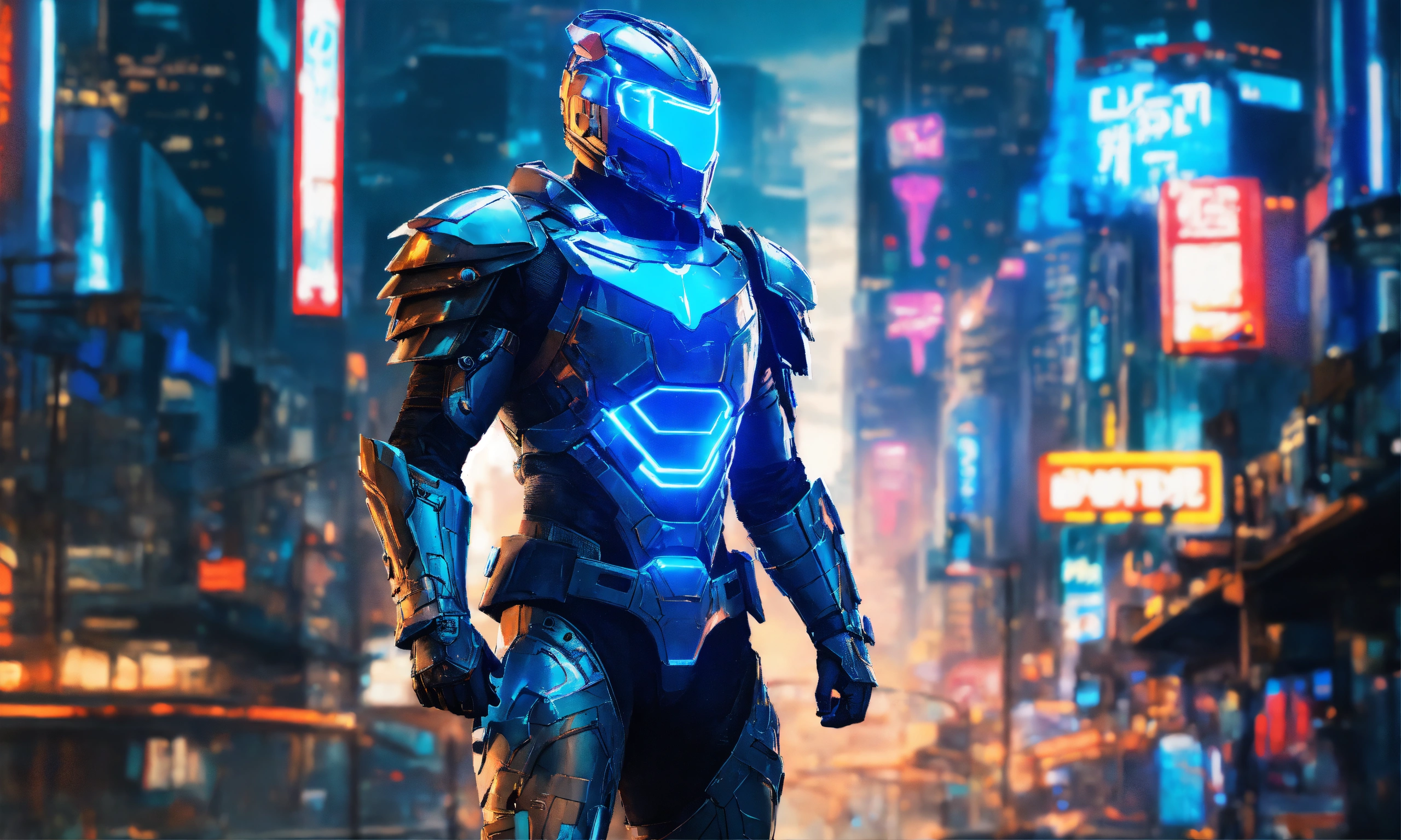 Lexica - Futuristic superhero, wearing suit of armor, neon blue lights ...