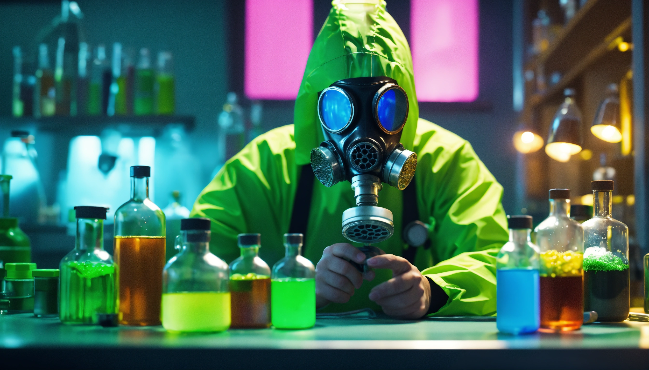 Lexica - Toxic. crazy man chemist wearing gas mask. working in a modern ...
