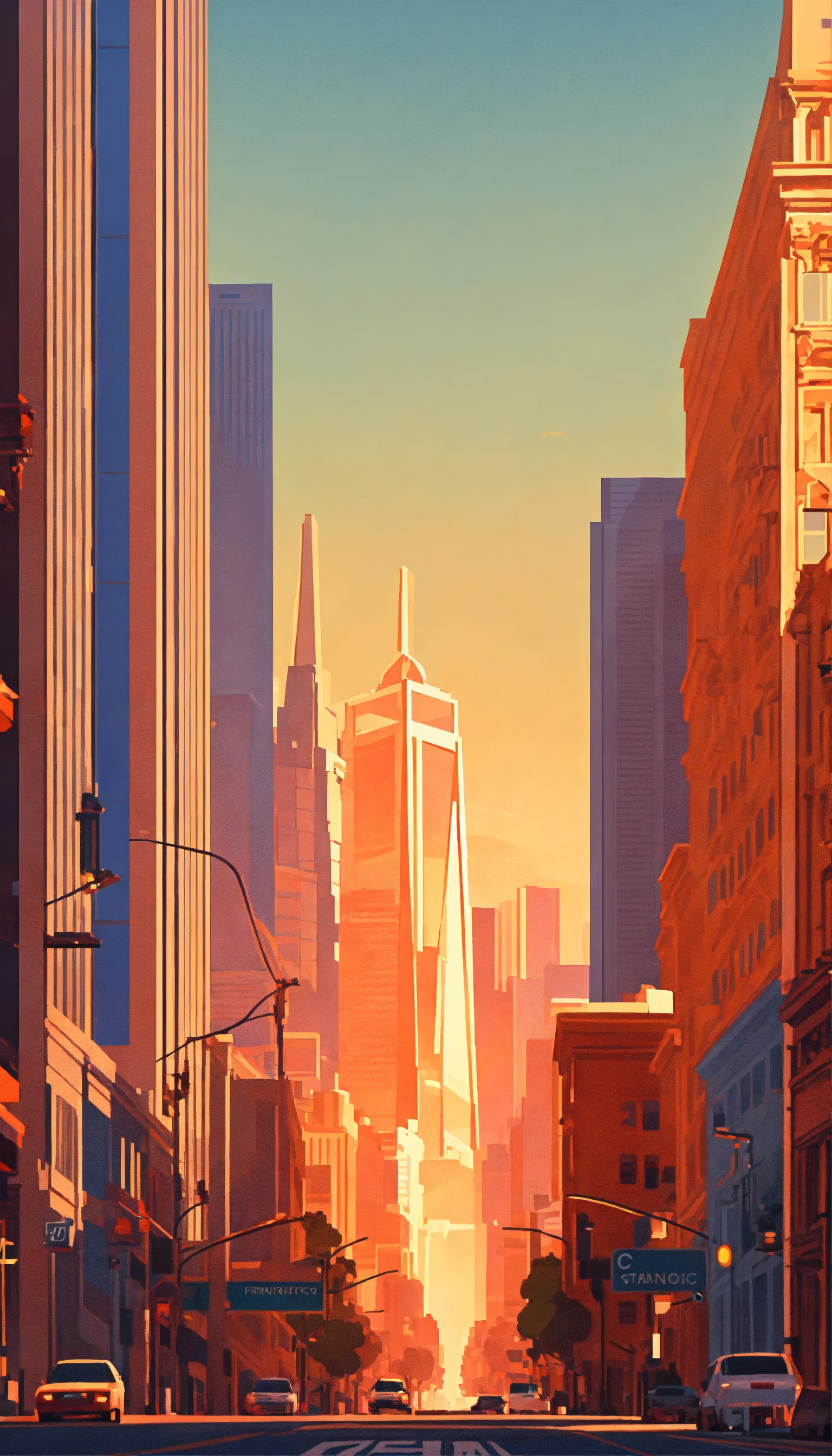 Lexica - San Francisco Downtown, sunset, flat design poster, minimalist ...