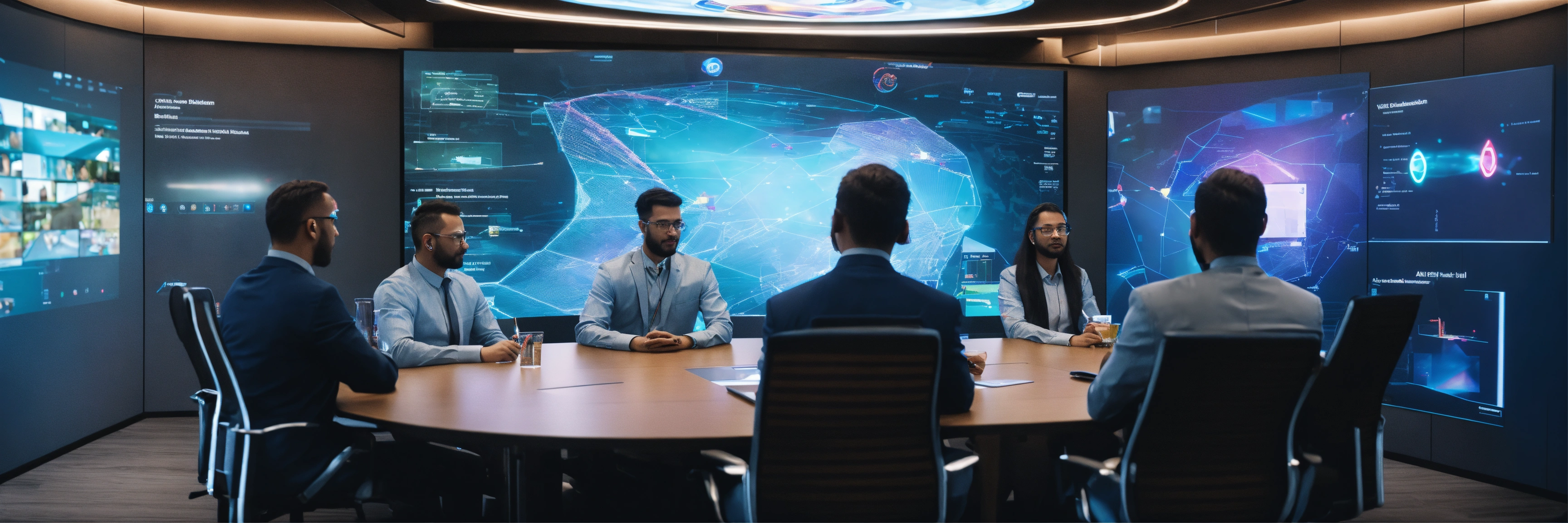 Lexica - A virtual boardroom with holographic AI employees sitting at ...