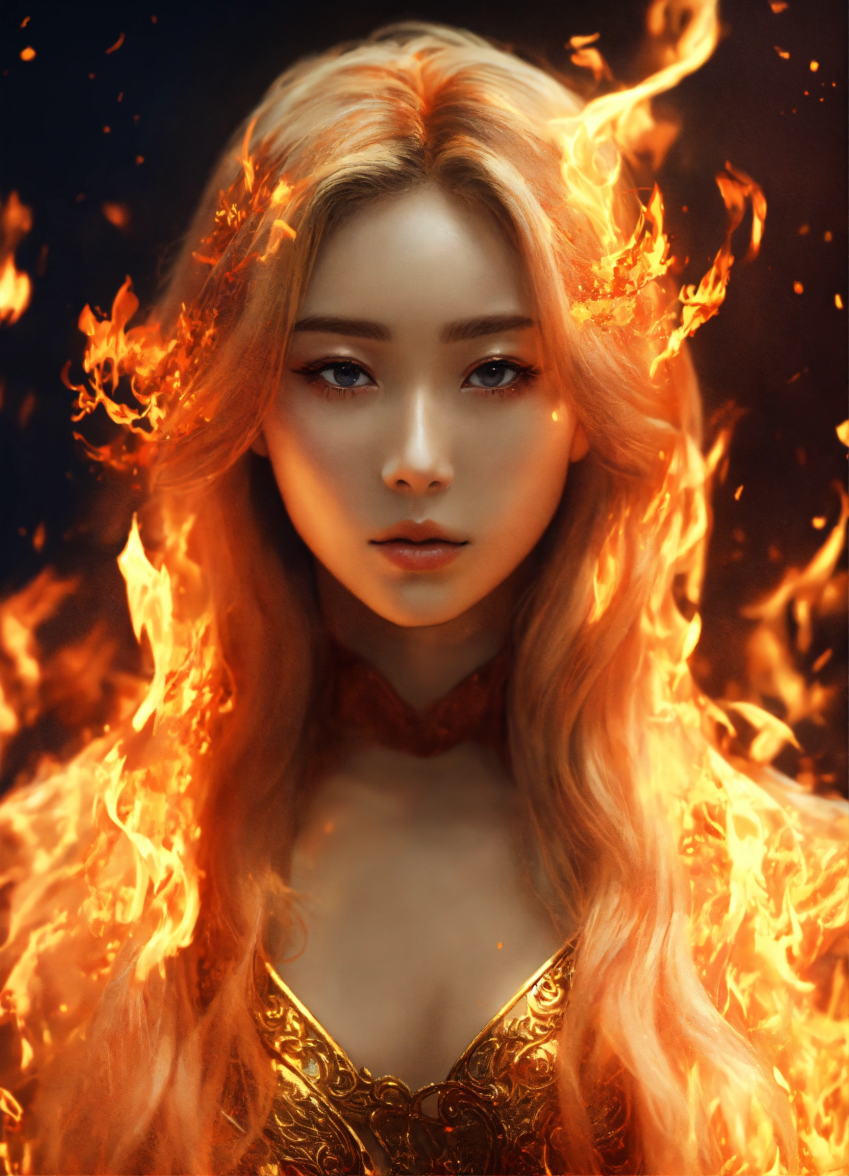 Lexica - A korean blonde woman made out of fire and she has hair made of flame, dark, magical ...