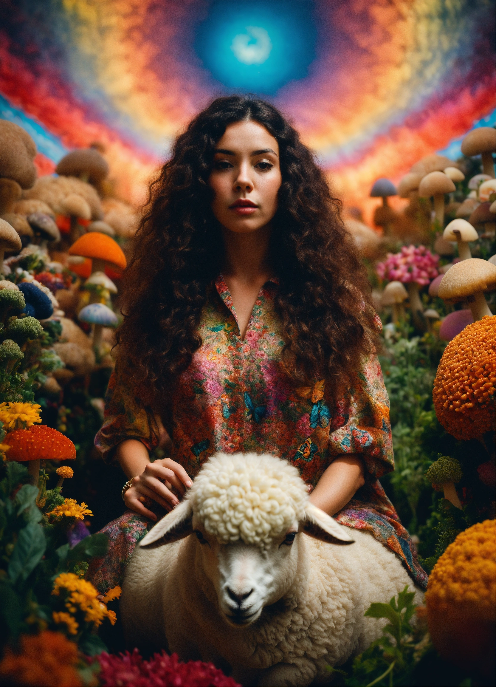 Lexica - Sad stunning woman with long curly dark hair riding a sheep on ...