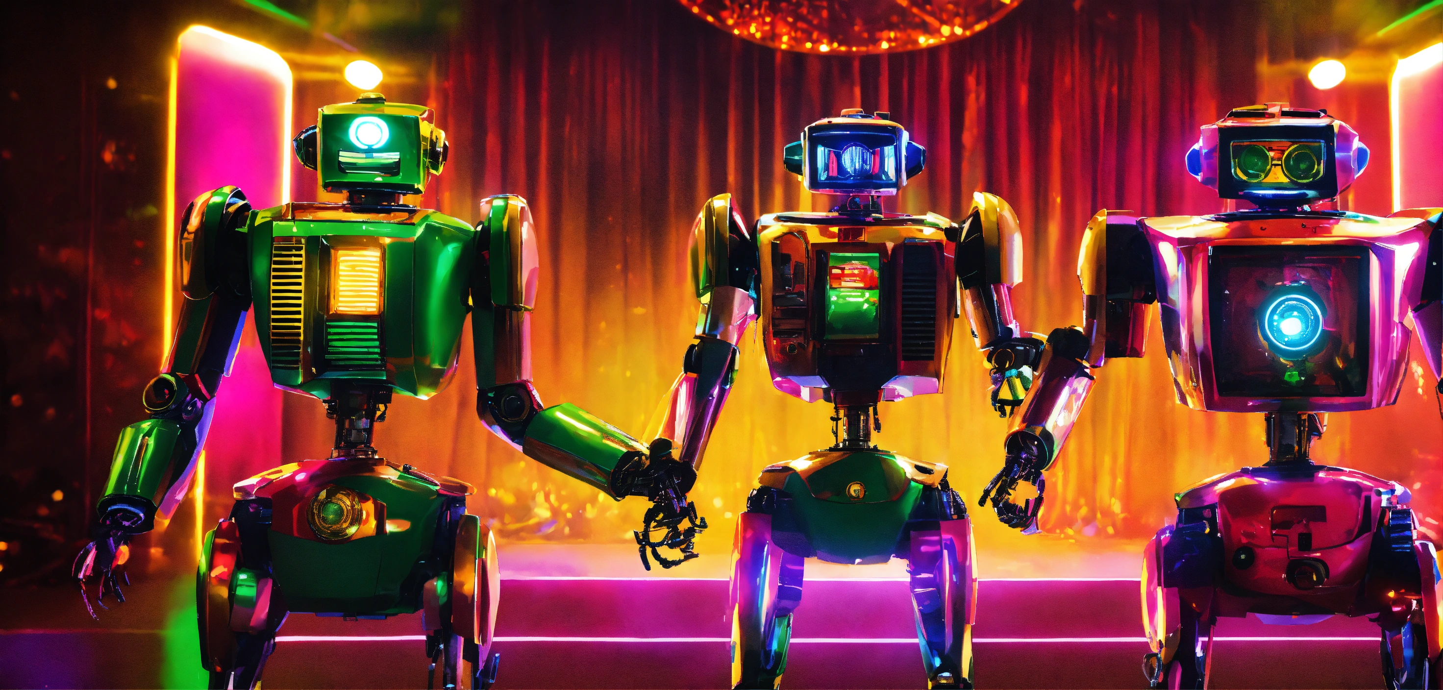 Lexica - Album cover. a group portrait of 3 robots on stage dancing at ...