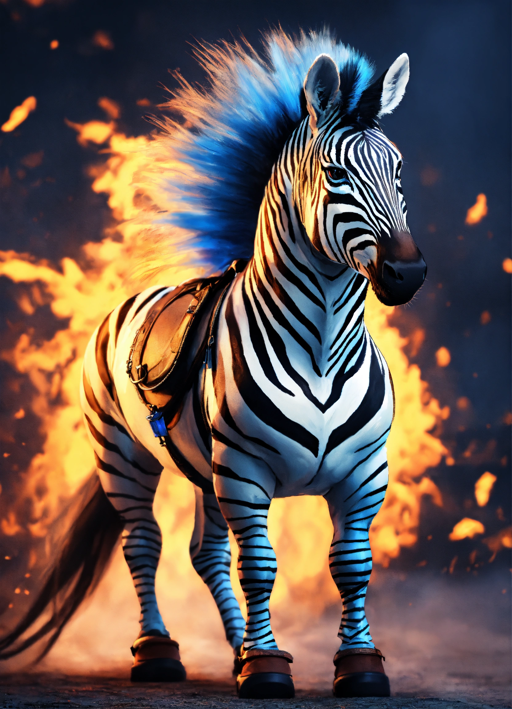 Lexica - Zebra with riding gear, with a mane and tail of blue flame