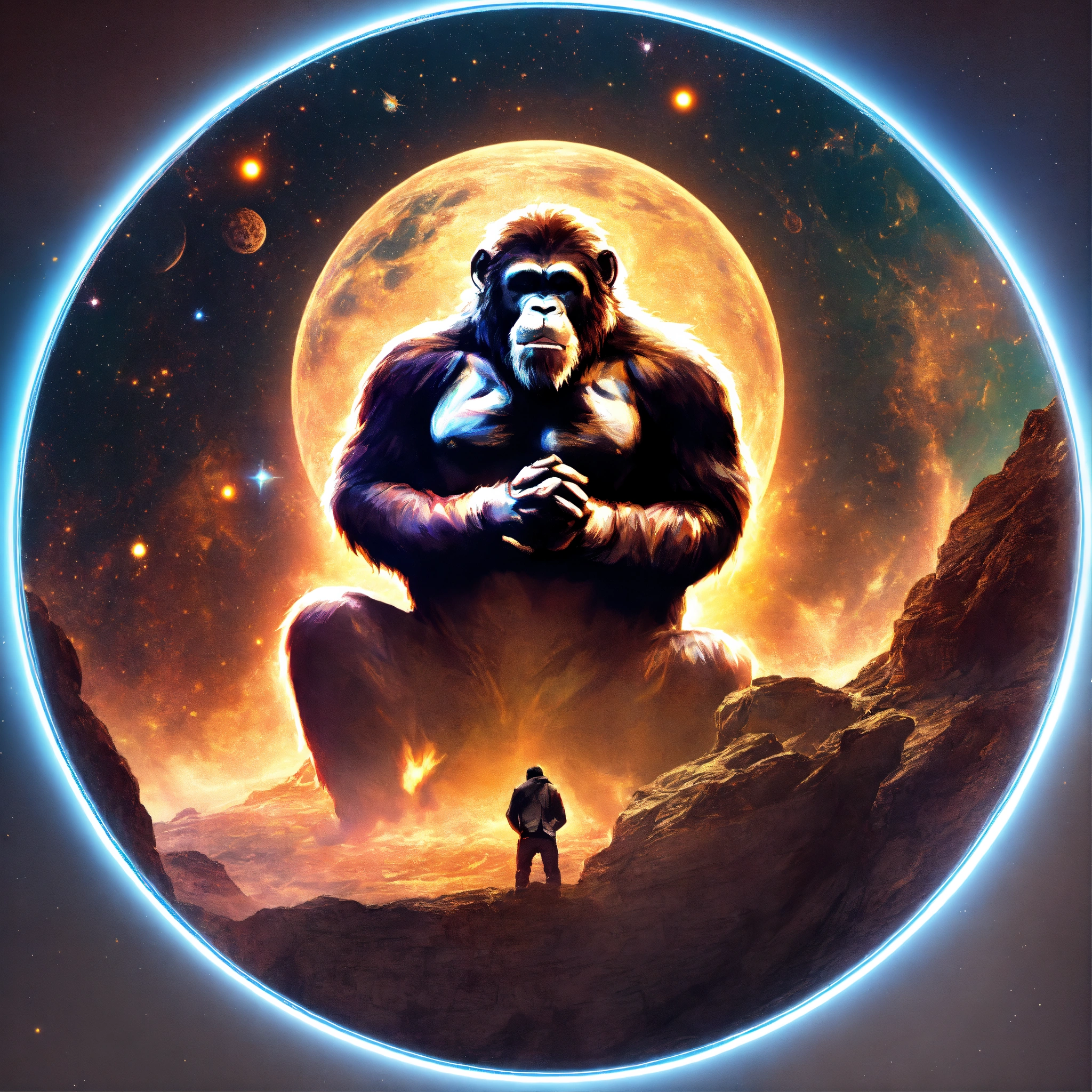 Lexica - Apes praying to a human god in space, in circle image ...