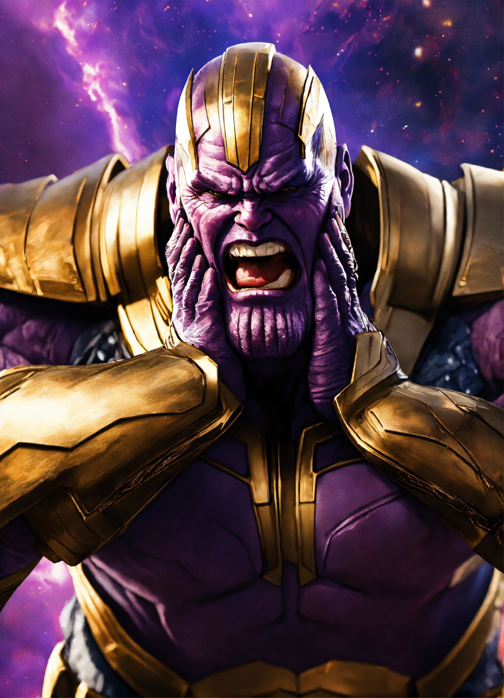 Lexica - Ultra-realistic image of Thanos covering his ears with his hands, screaming in pain