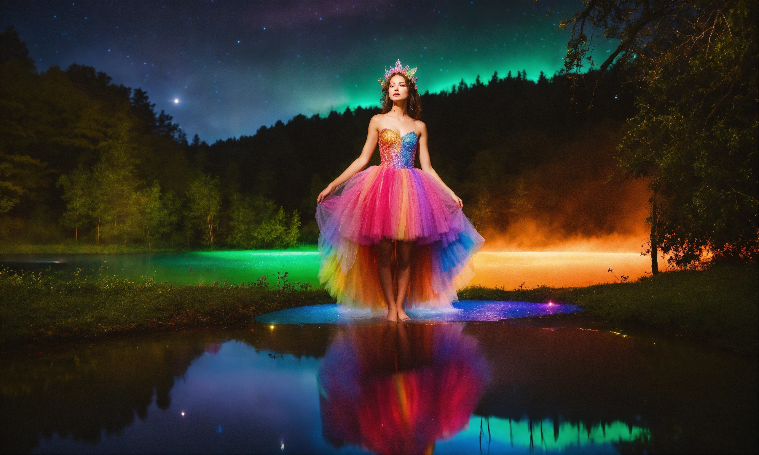 Lexica - Beautiful rainbow fairy in a tulle dress in a reflection pool ...
