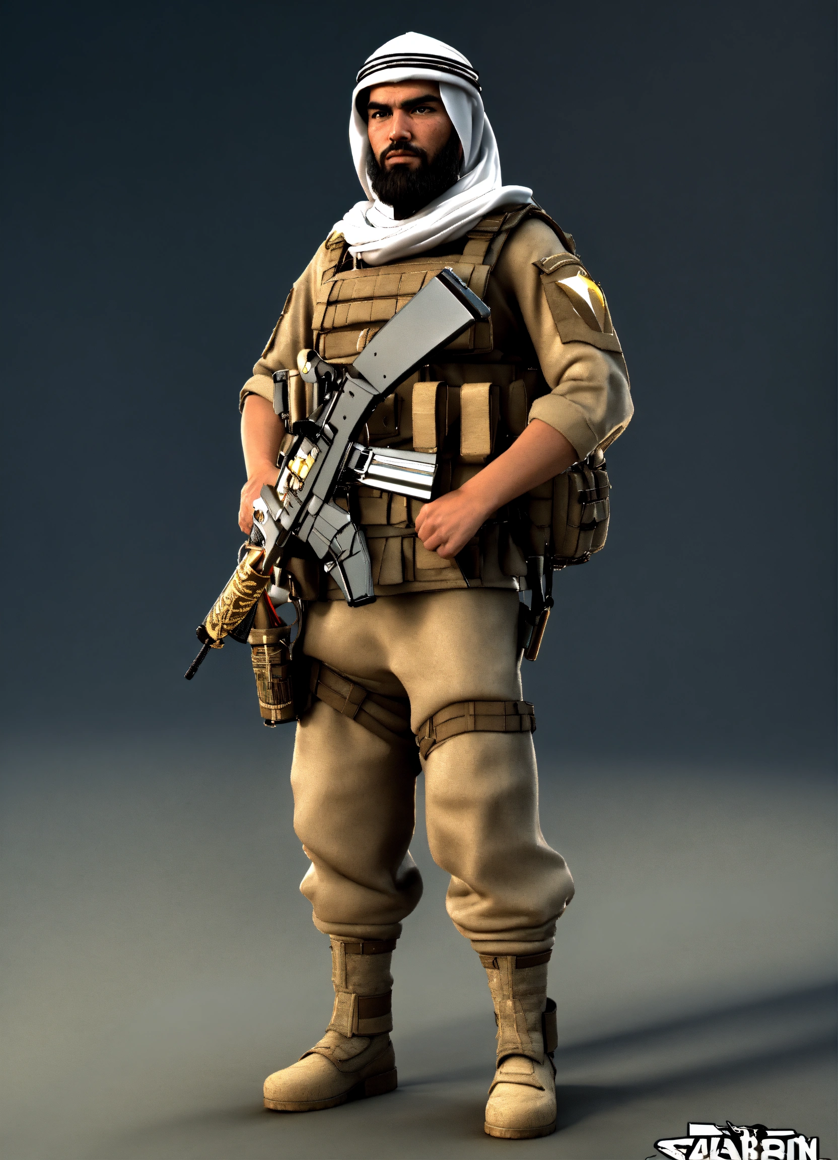 Lexica - Arab, moslem, mascot 3d, fighting, commander, troops