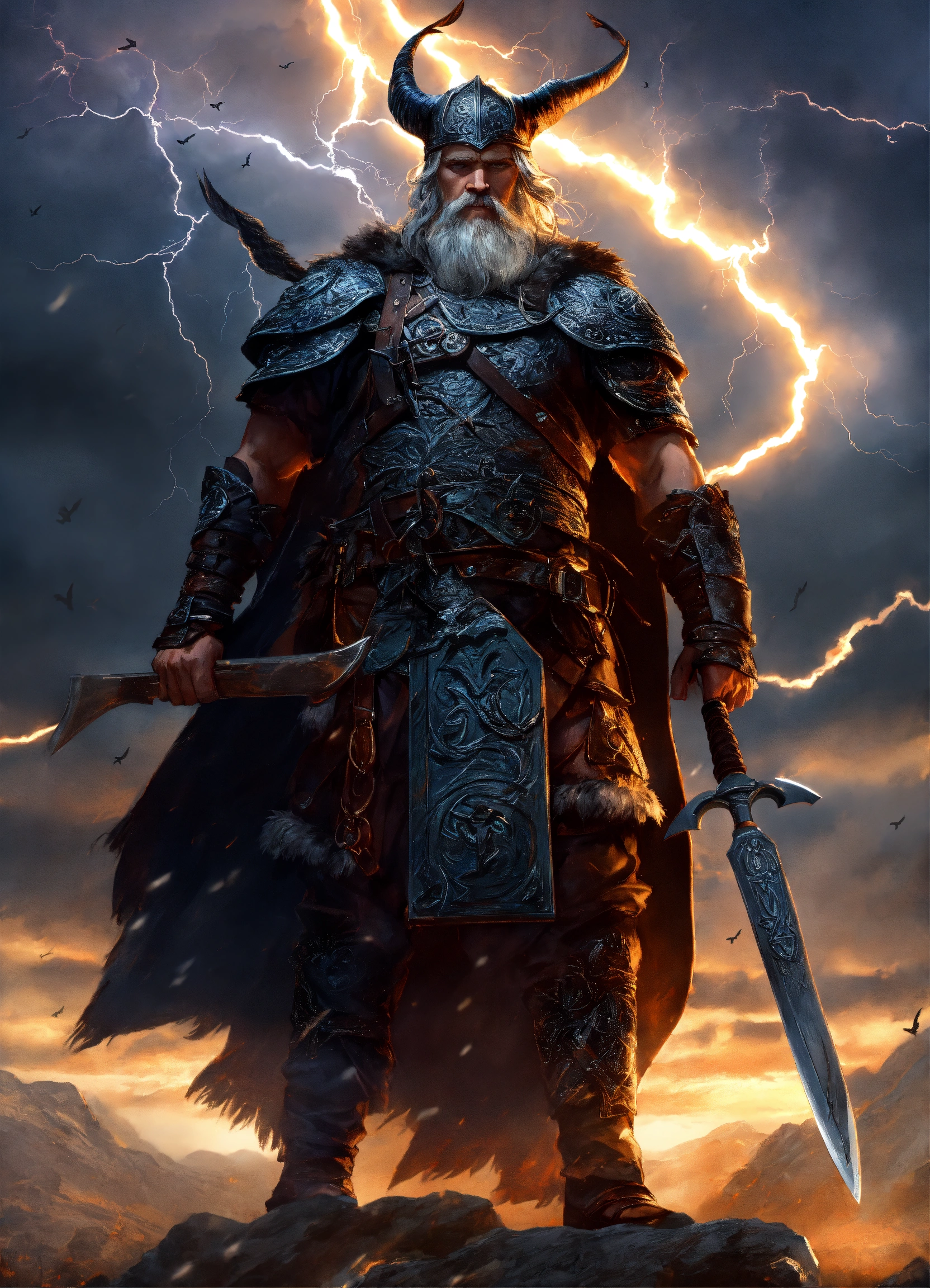 Lexica - Odin, axes, ravens in background, dramatic, lightning, warrior ...
