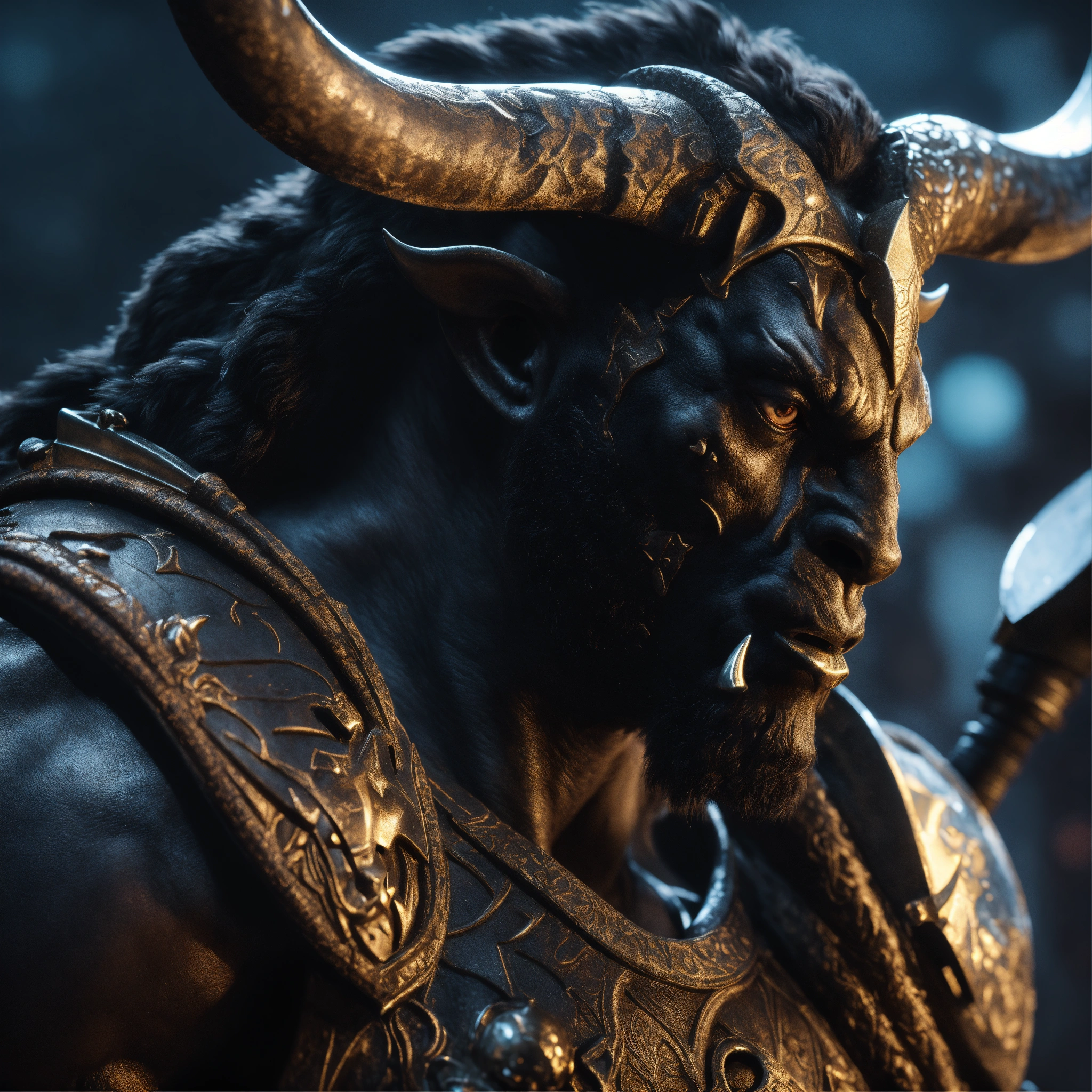 Lexica - Black minotaur, broken horn, holding great axe, profile close ...