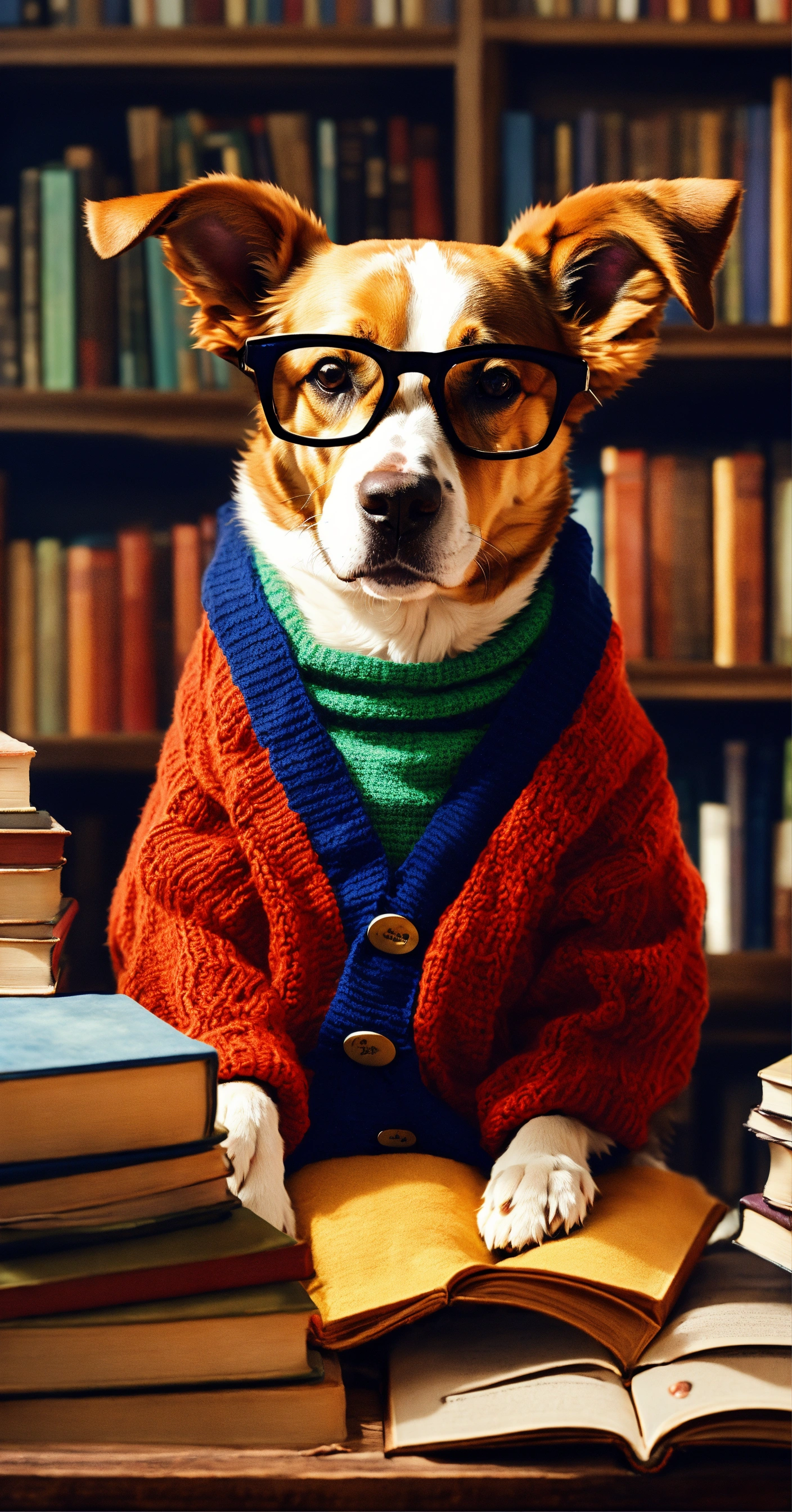 Lexica - Design a picture of a dog as a cozy librarian, with reading ...