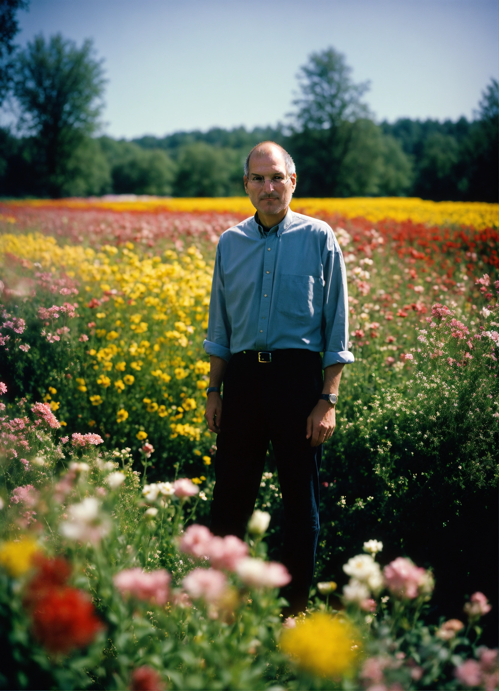 Lexica - Happy Steve Jobs standing in a beautiful field of flowers ...