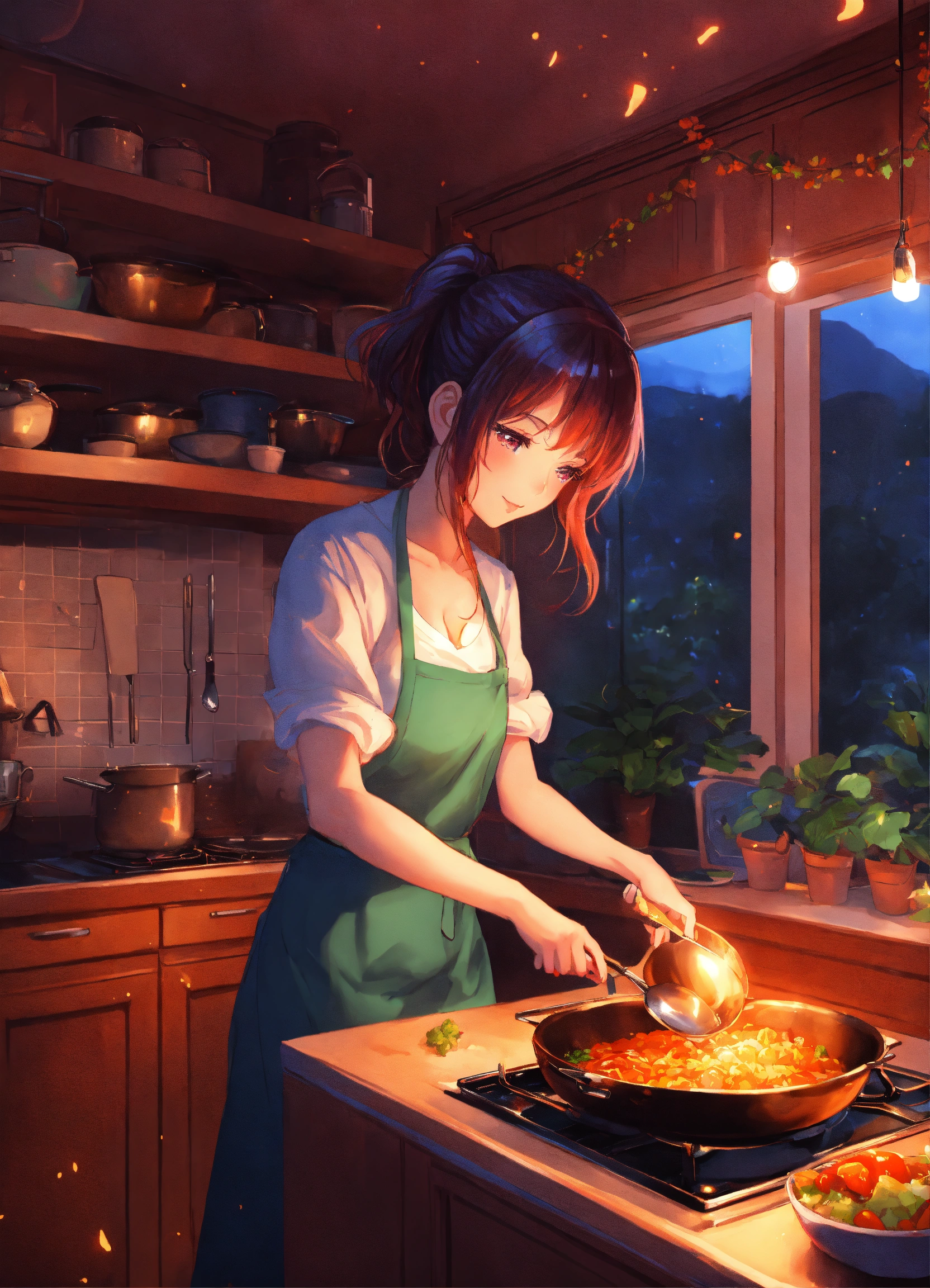 Lexica - A cute anime lofi girl cooking dinner at home during the night ...