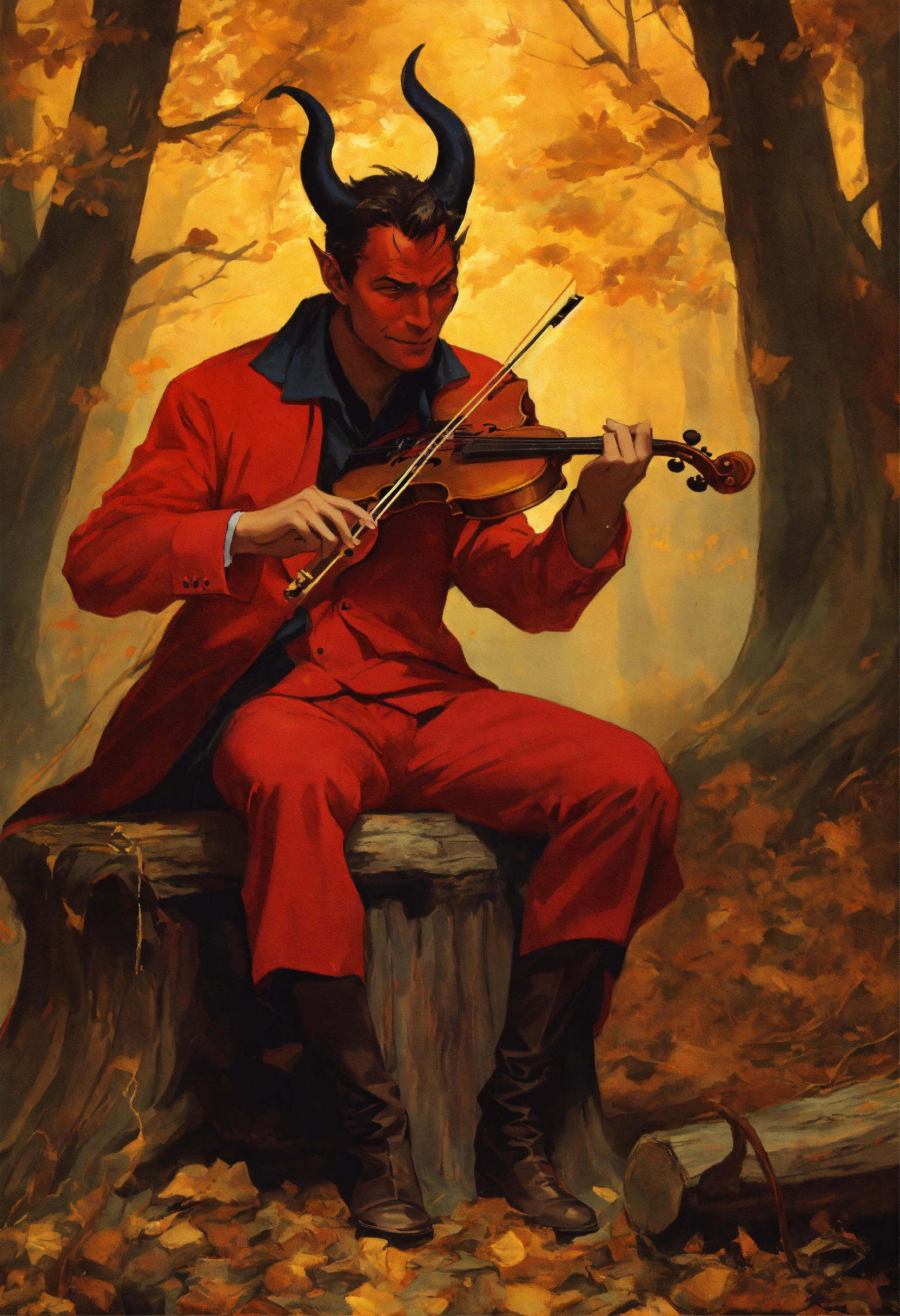 Lexica - A young man is rosining up his violin bow as the devil sits on ...