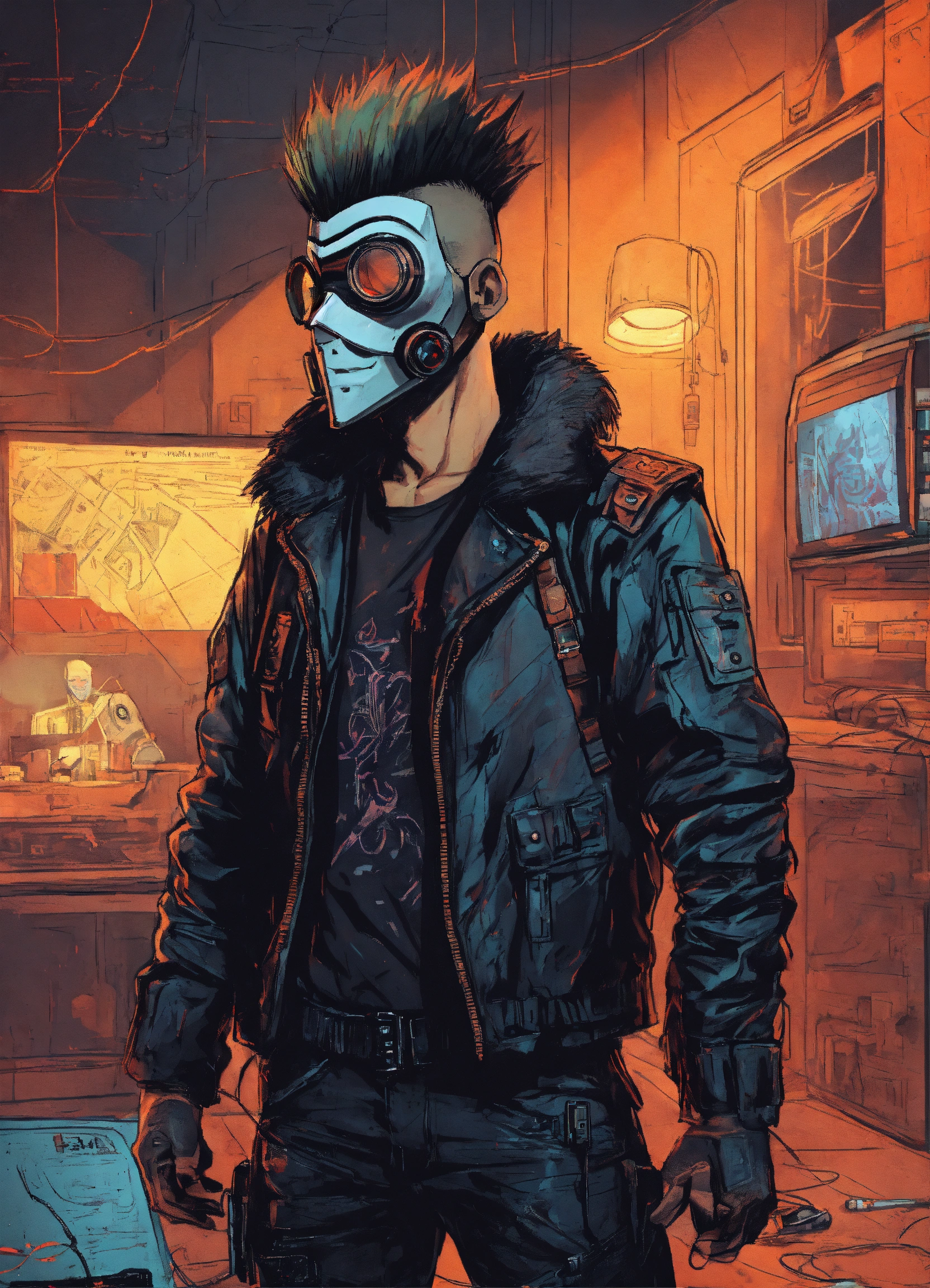 Lexica - Cyberpunk man gang member in leather jacket Mohawk, and ...