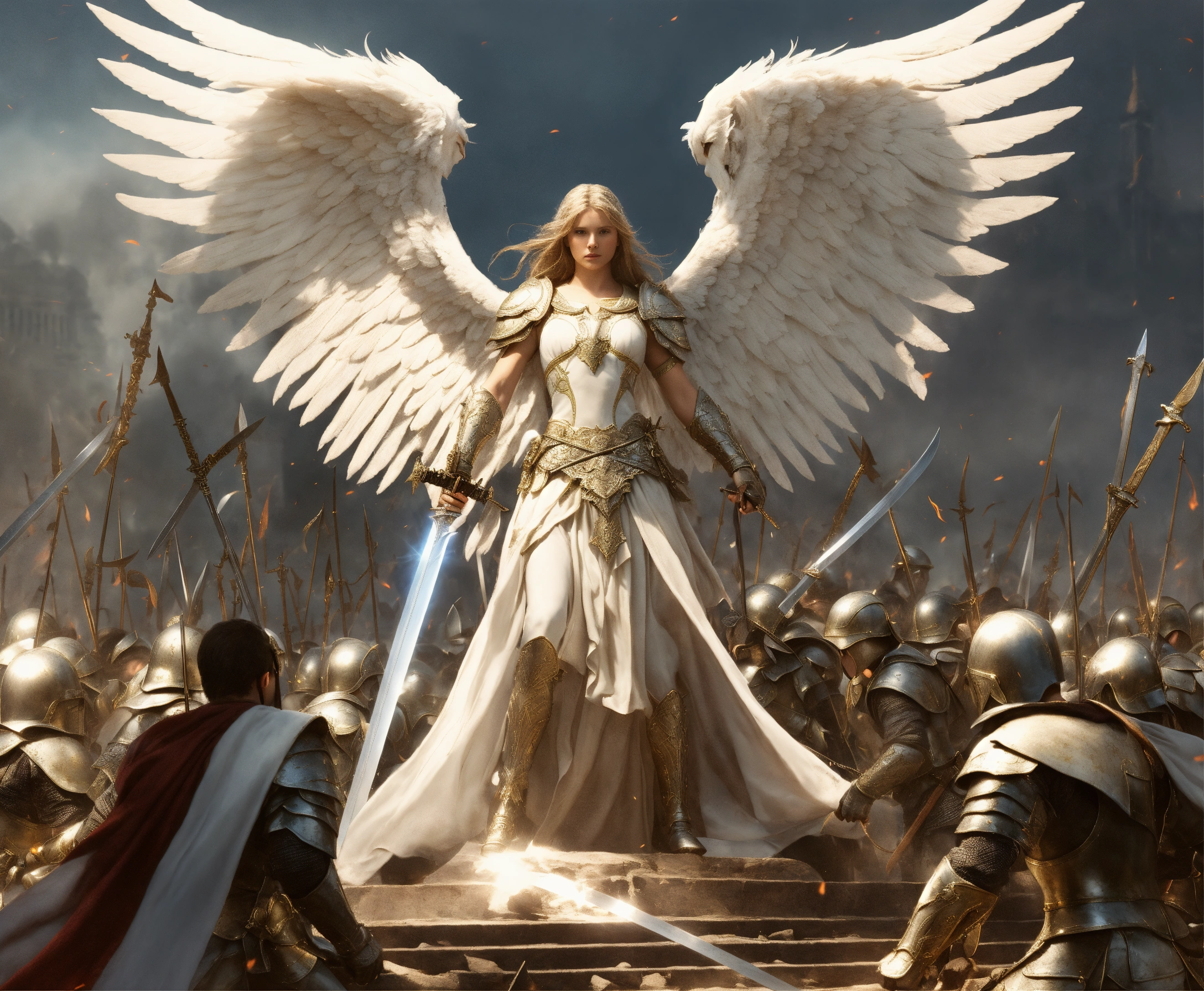 Lexica - A strong white angel with a big sword standing on defeated ...