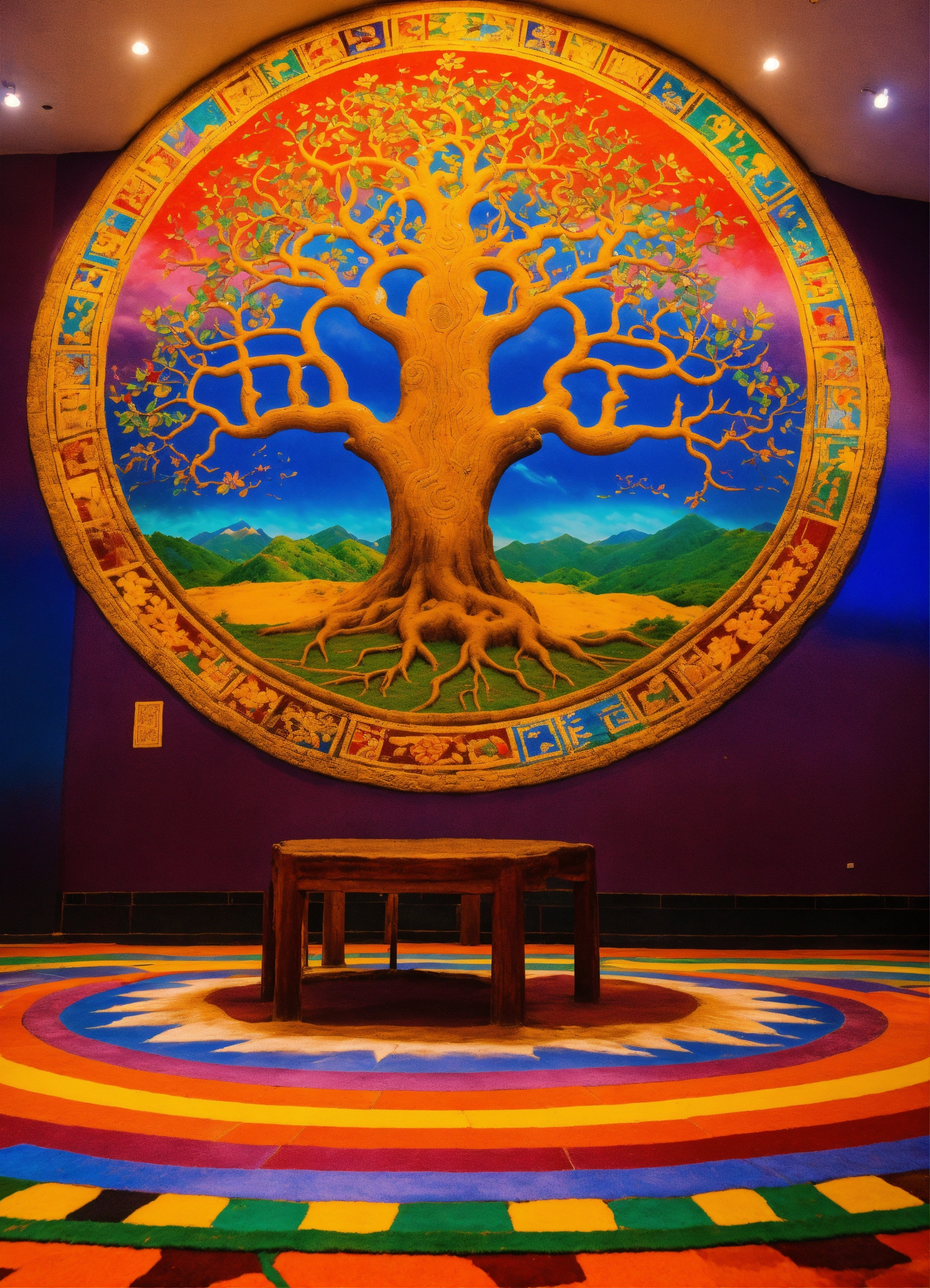 Lexica - The tree of life in Tibet with rainbow geometrical shape flooring