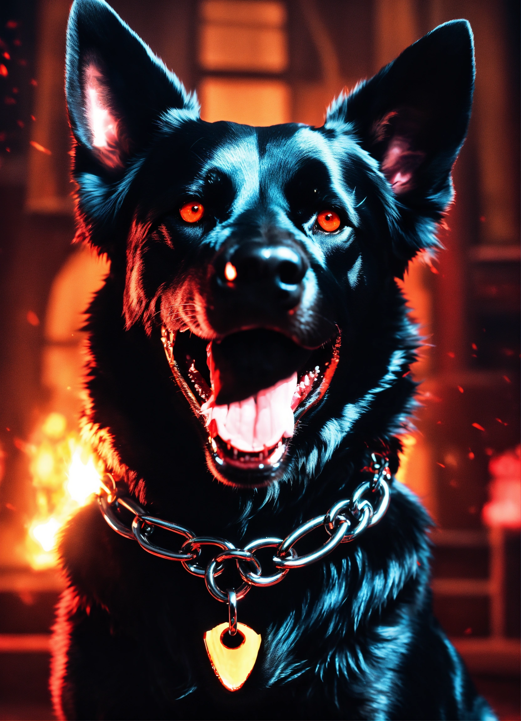 Lexica - Black dog foaming at the mouth, wearing a dog chain collar ...