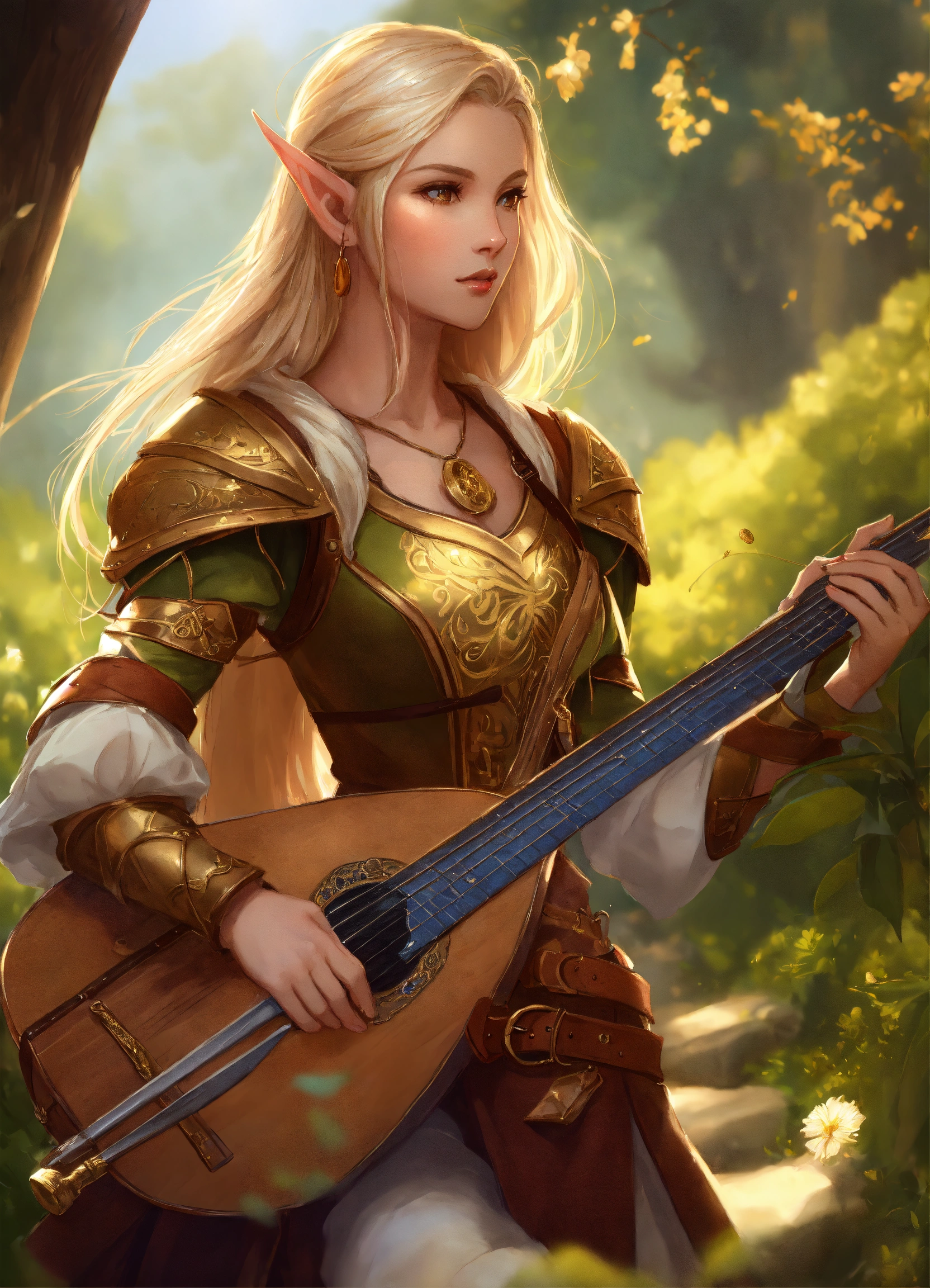Lexica - Beautiful bard female elf, long pale hair, gold eyes, Copper penny skin, royal, leather ...