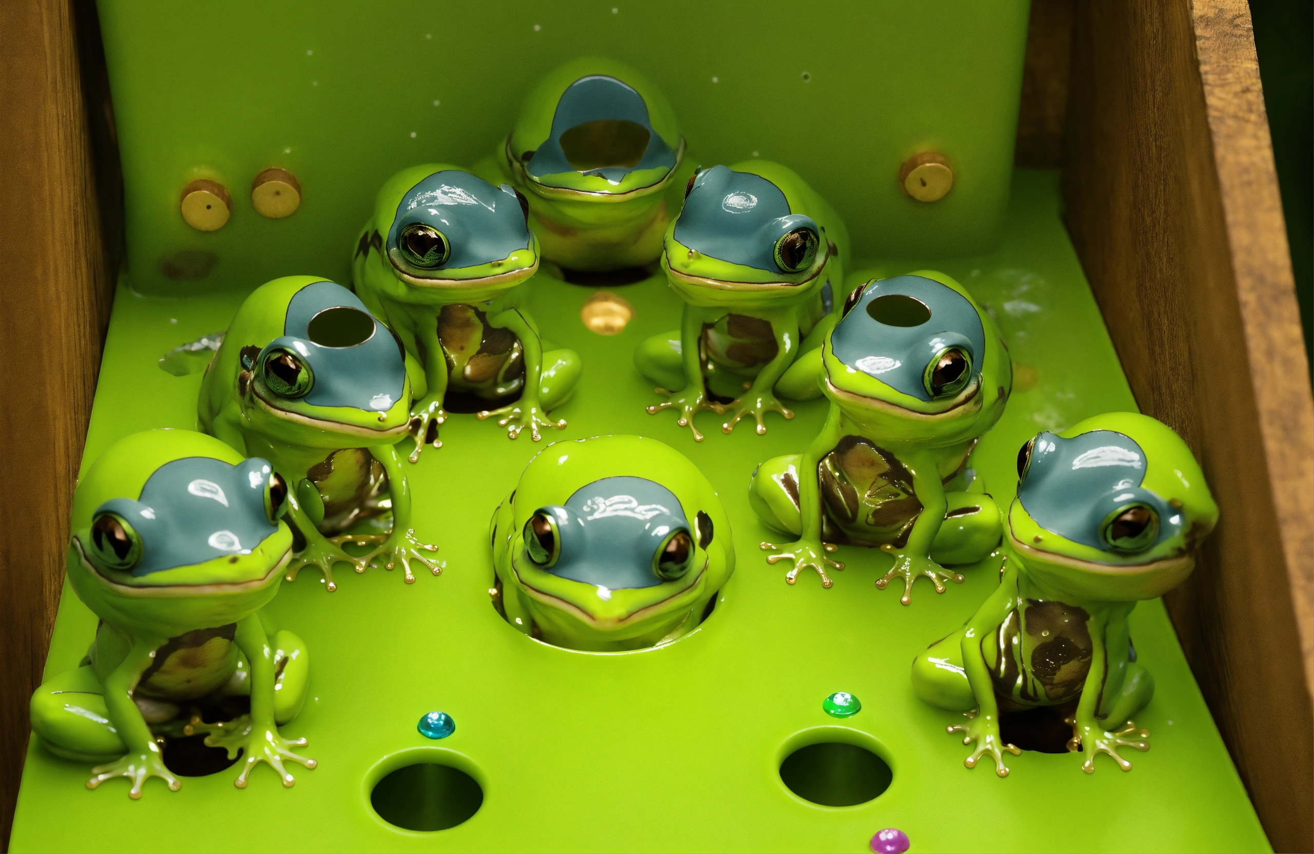 Lexica - Board with holes, in the center 2 metal frogs., 8k, ultradetailed