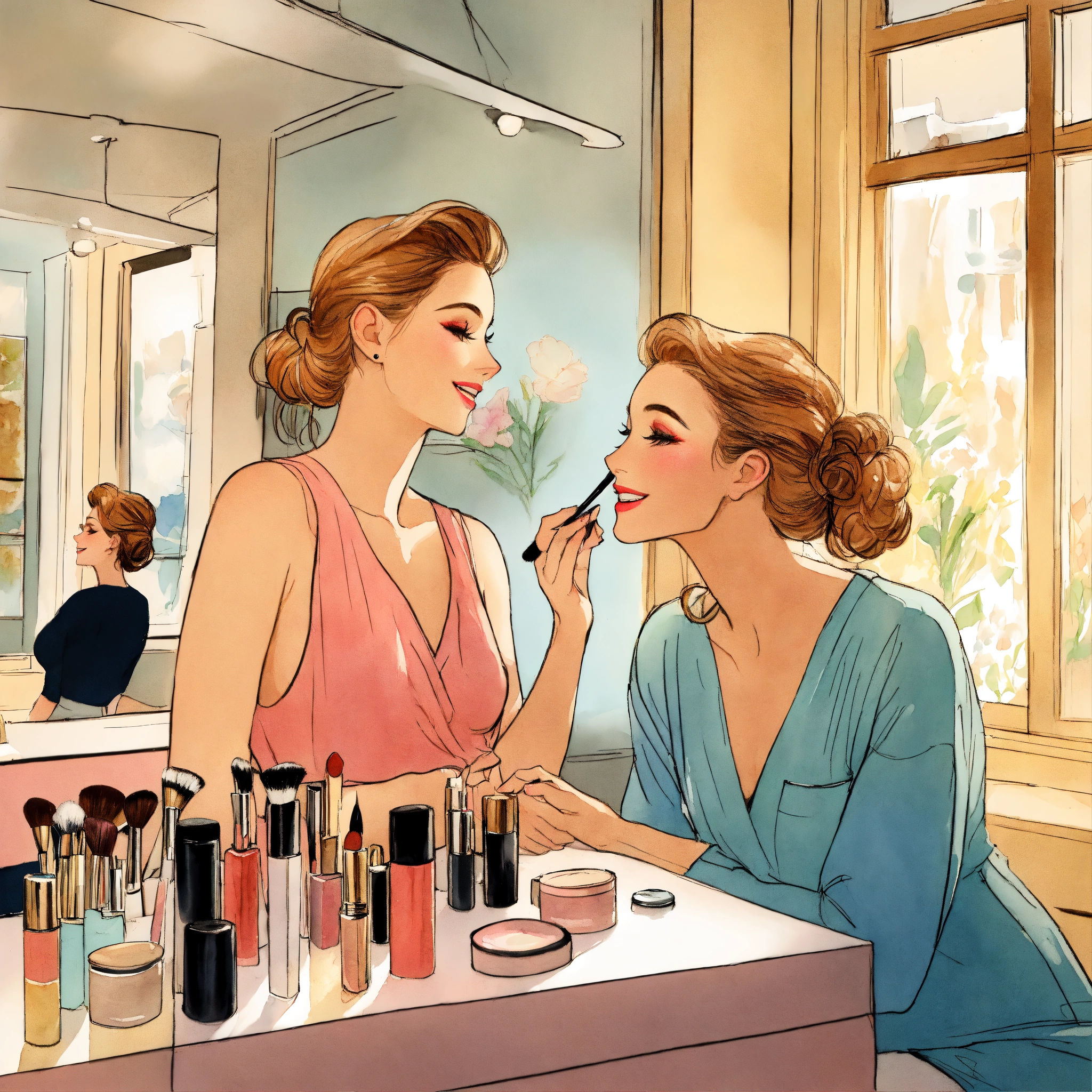 Lexica - Illustration by Herge , a beautiful makeup artist puts on ...