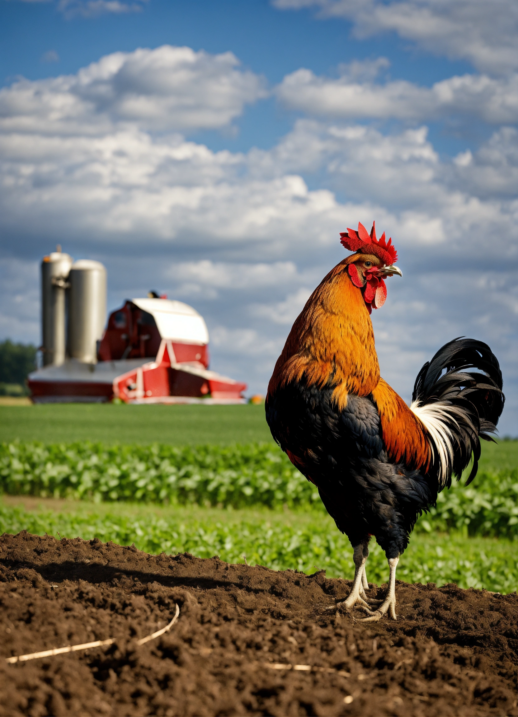 Lexica - A rooster in front of a plow on a farm