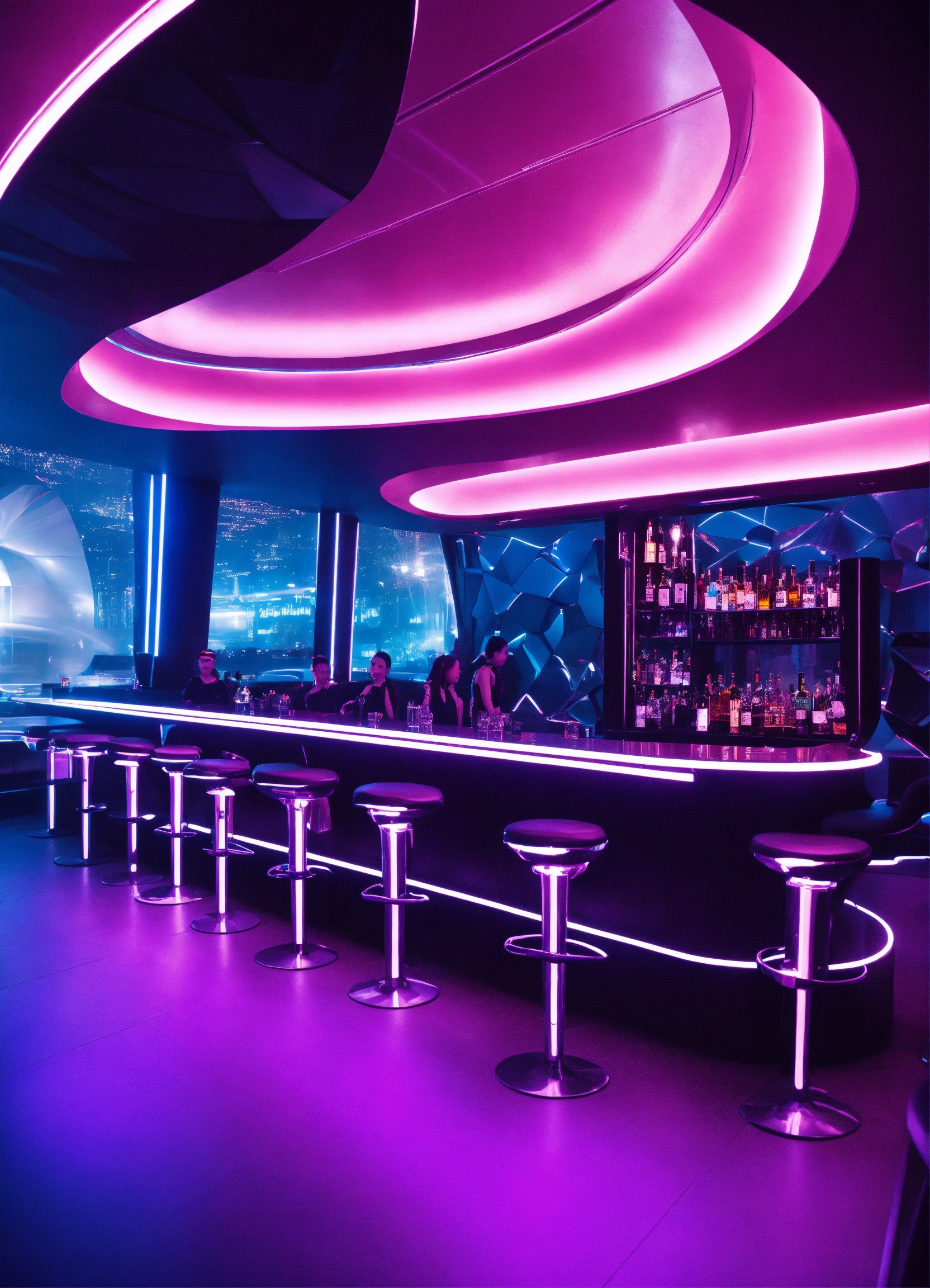Lexica - Sleek large futuristic bar. people dressed in futuristic ...