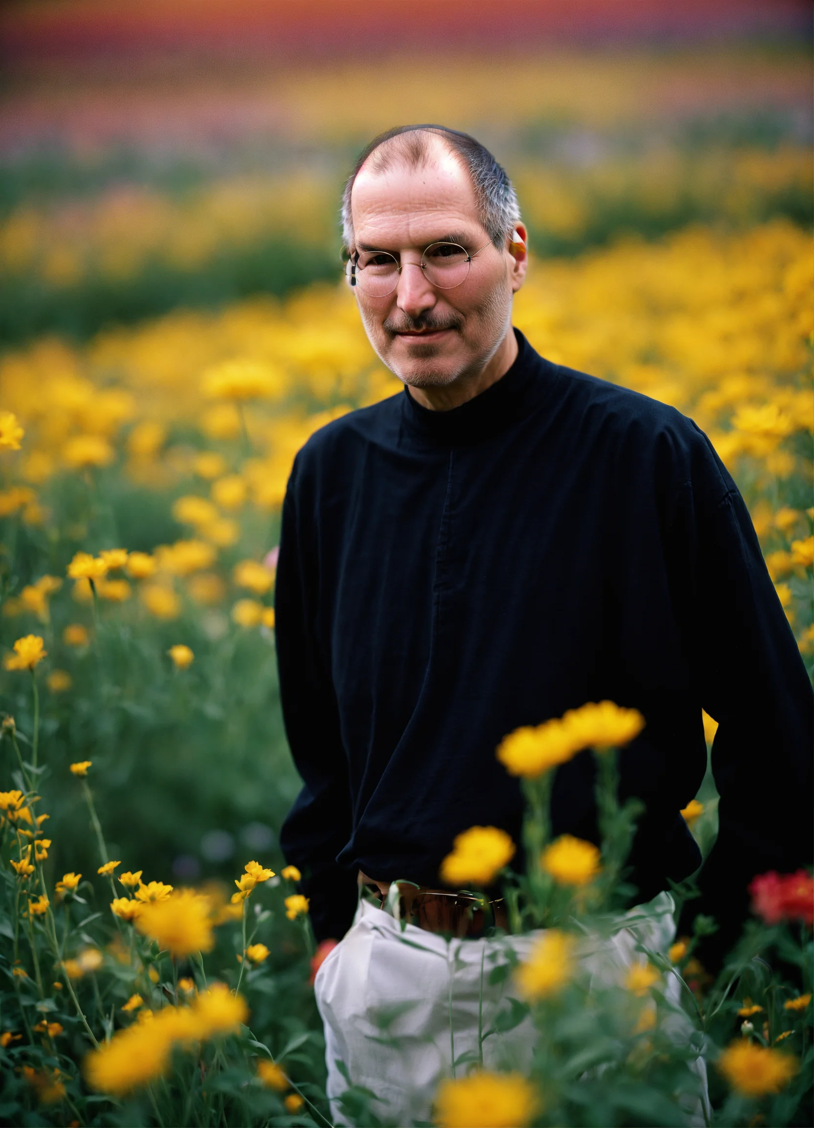 Lexica - Happy Steve Jobs standing in a beautiful field of flowers ...