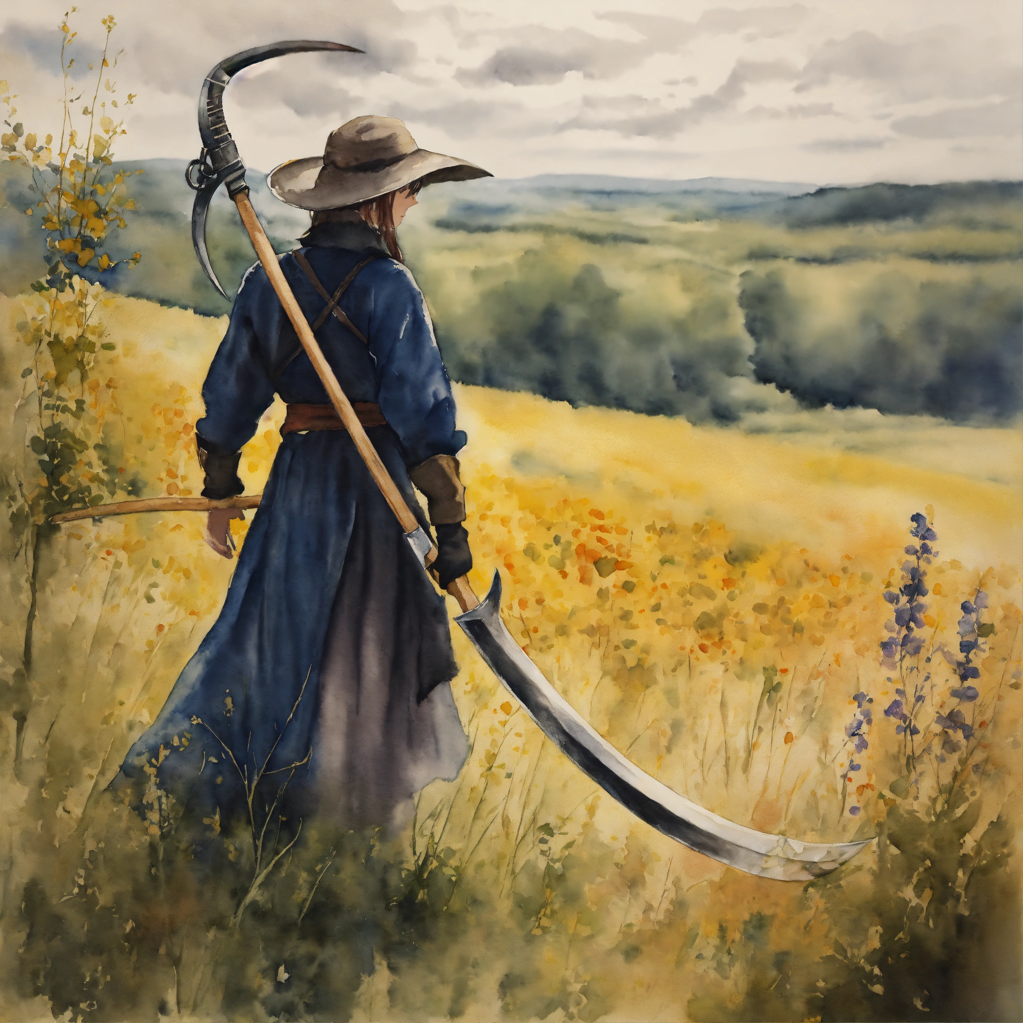 Lexica - Realistic watercolor, scythe