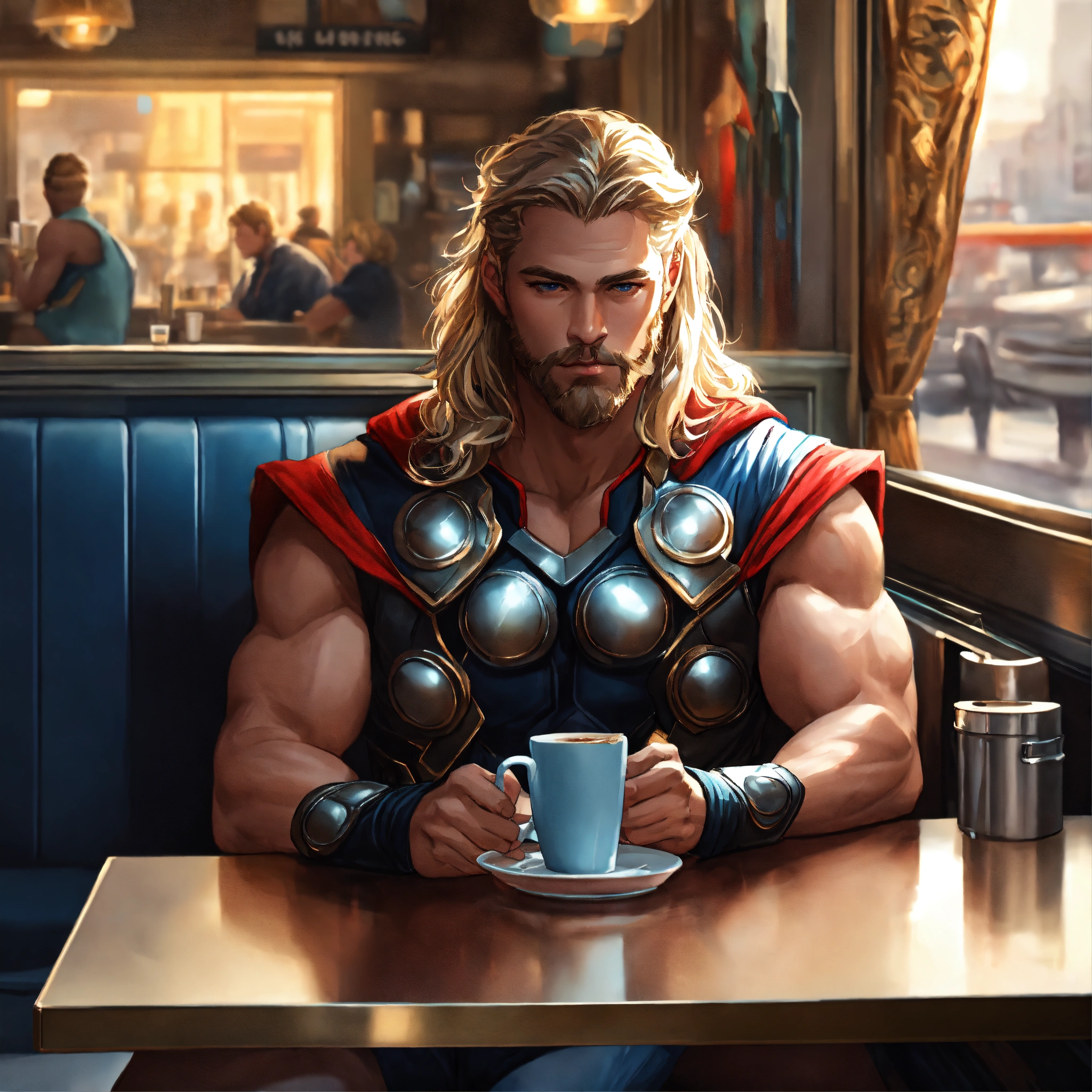 Lexica - Artgerm, Thor sitting at a cosy diner, having a coffee, vain ...