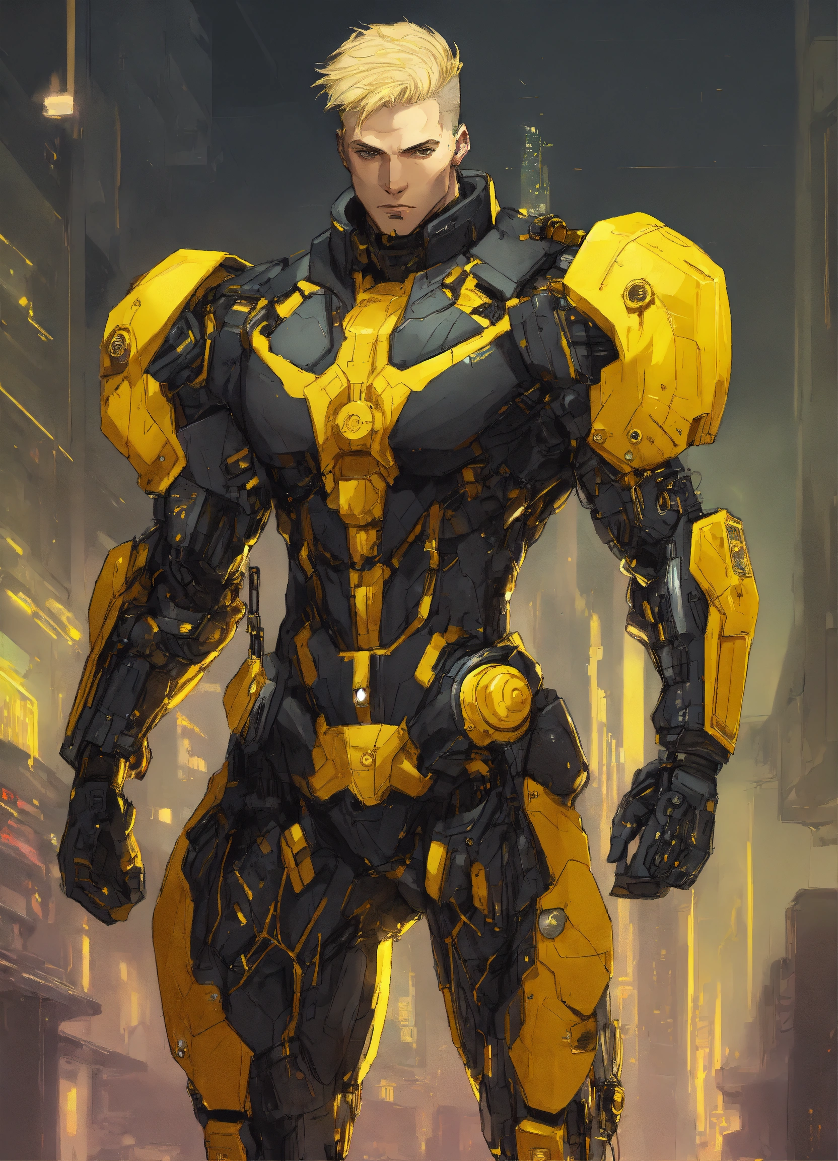 Lexica - Pale dirty-blonde muscular cyberpunk cyborg man with yellow ...