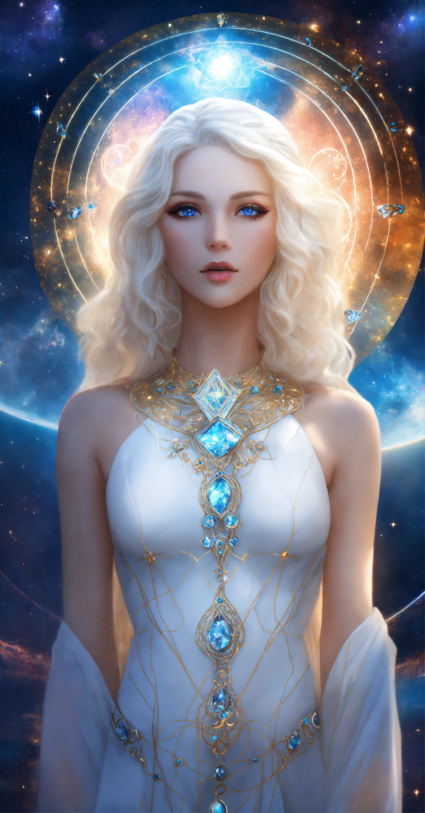Lexica - Beautiful cosmic femme with crystal blue eyes, white skin and white blond hair cosmic ...