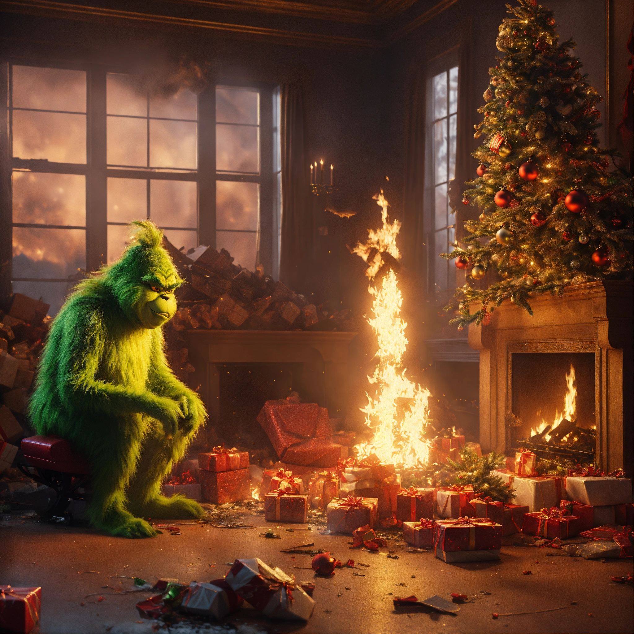Lexica - A classical painting of Grinch standing around destroyed gifts ...