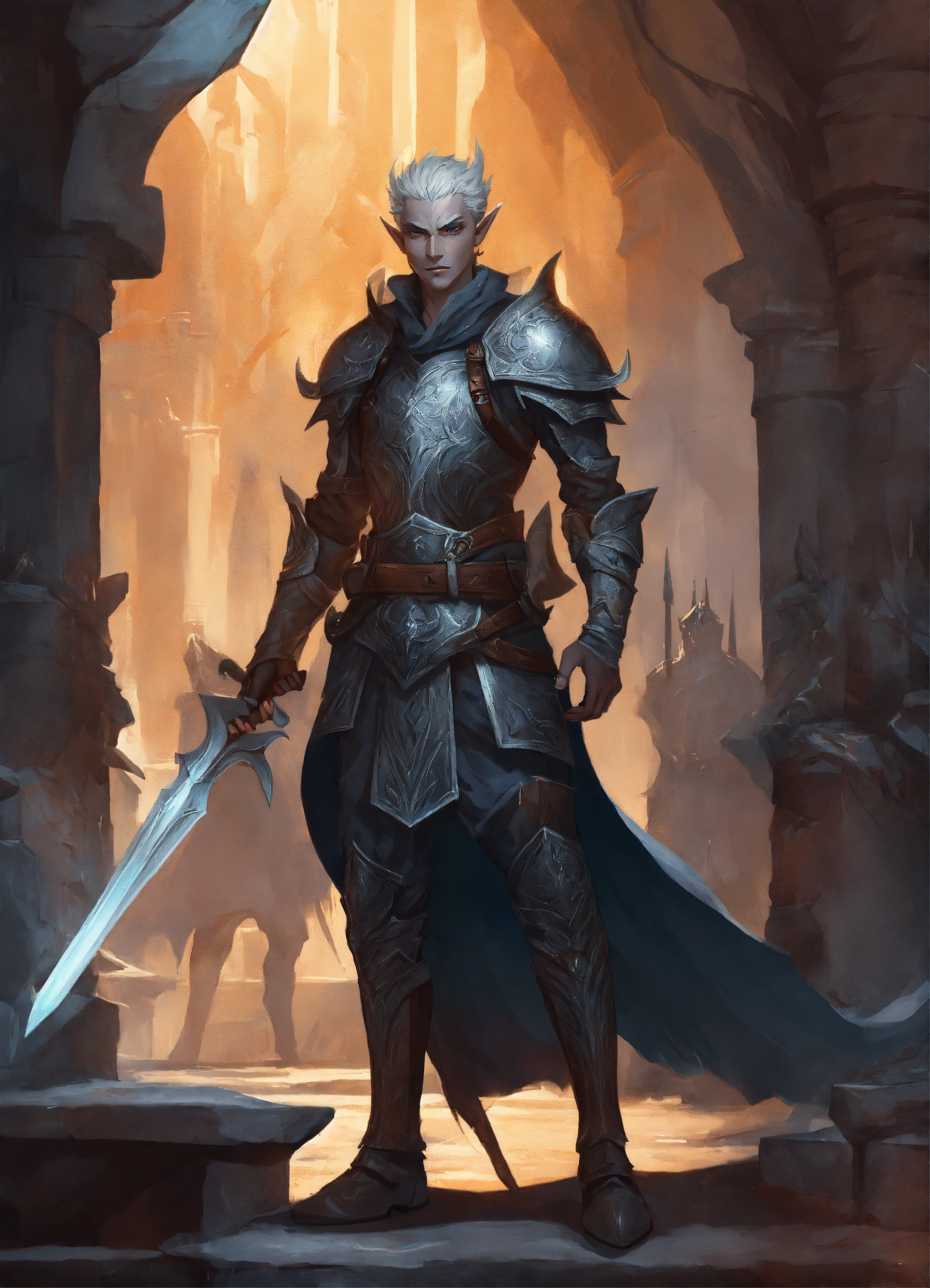 Lexica - Shadow Elf with Gray Skin, small pointy ear, defensive stance ...