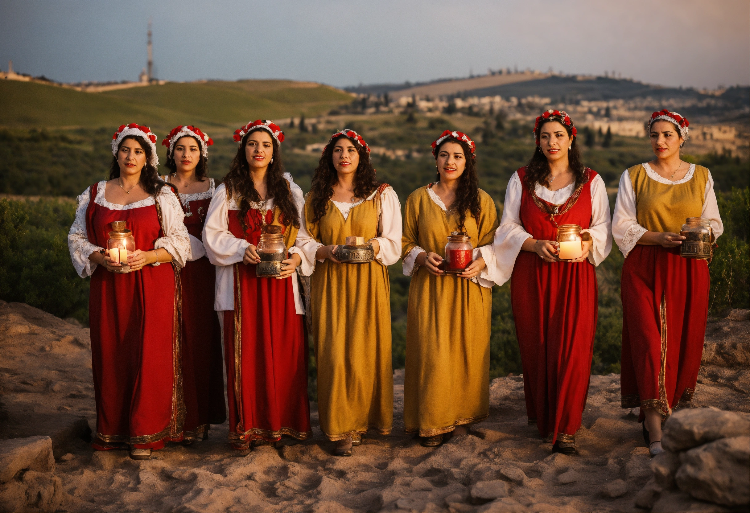 Lexica - 10 women in Israeli costumes, 5 of them holding a candle jar ...