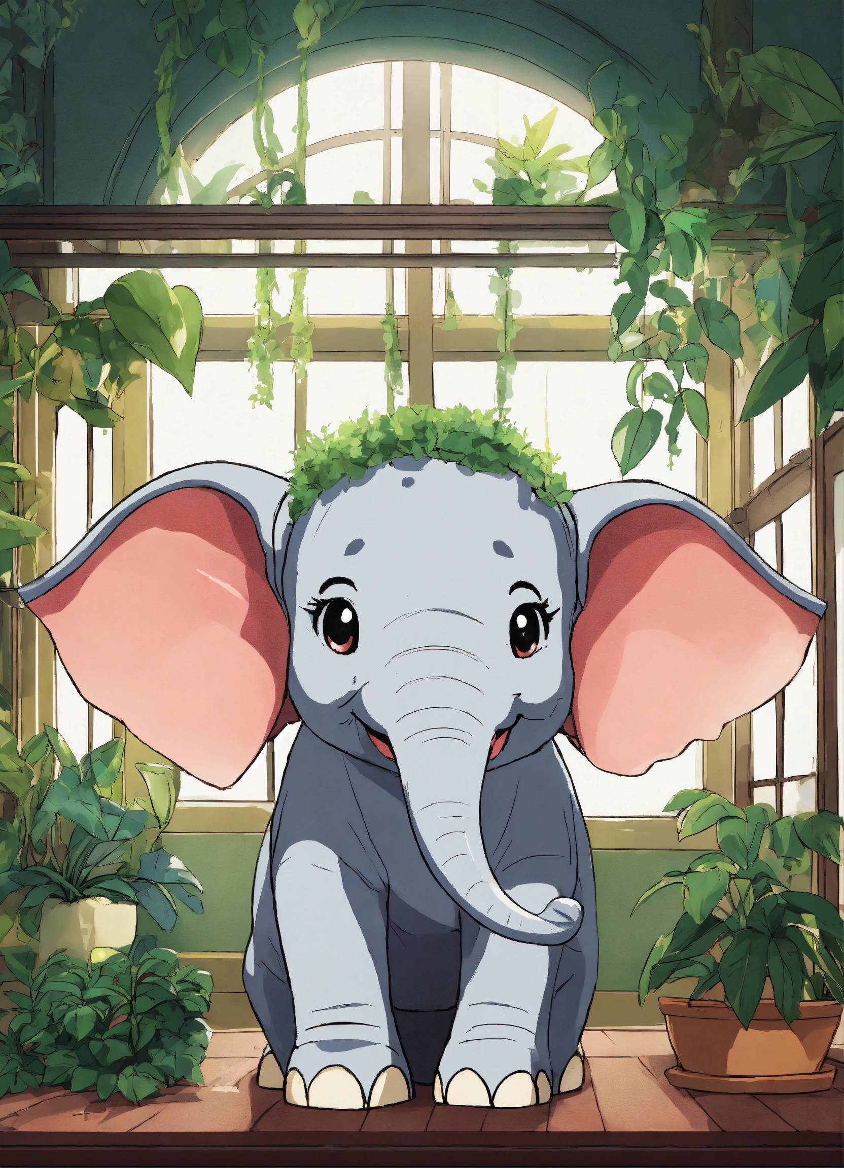 Lexica - Headshot of happy anime elephant in room full of plants