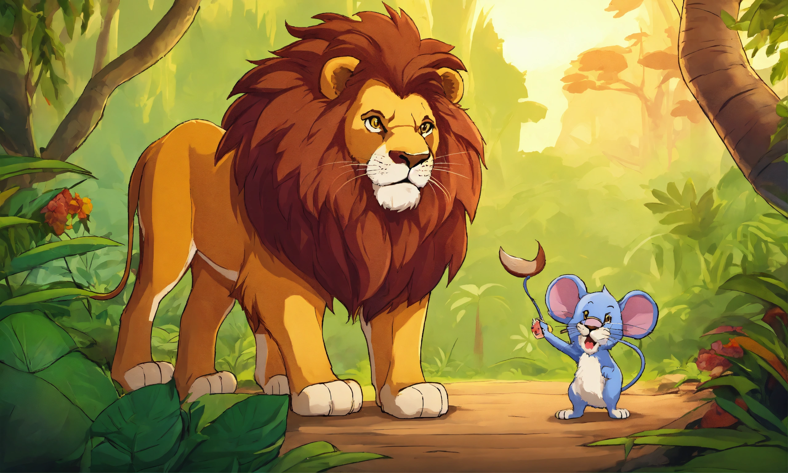 Lexica - Cartoon big lion hold mouse through hand in jungle