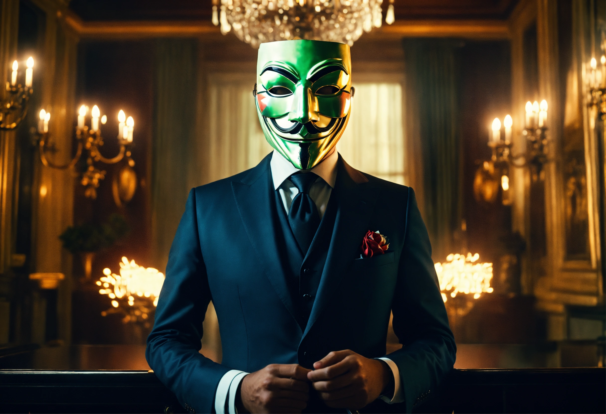 Lexica - A businessman in a suit wearing a Guy Fawkes mask in a ...