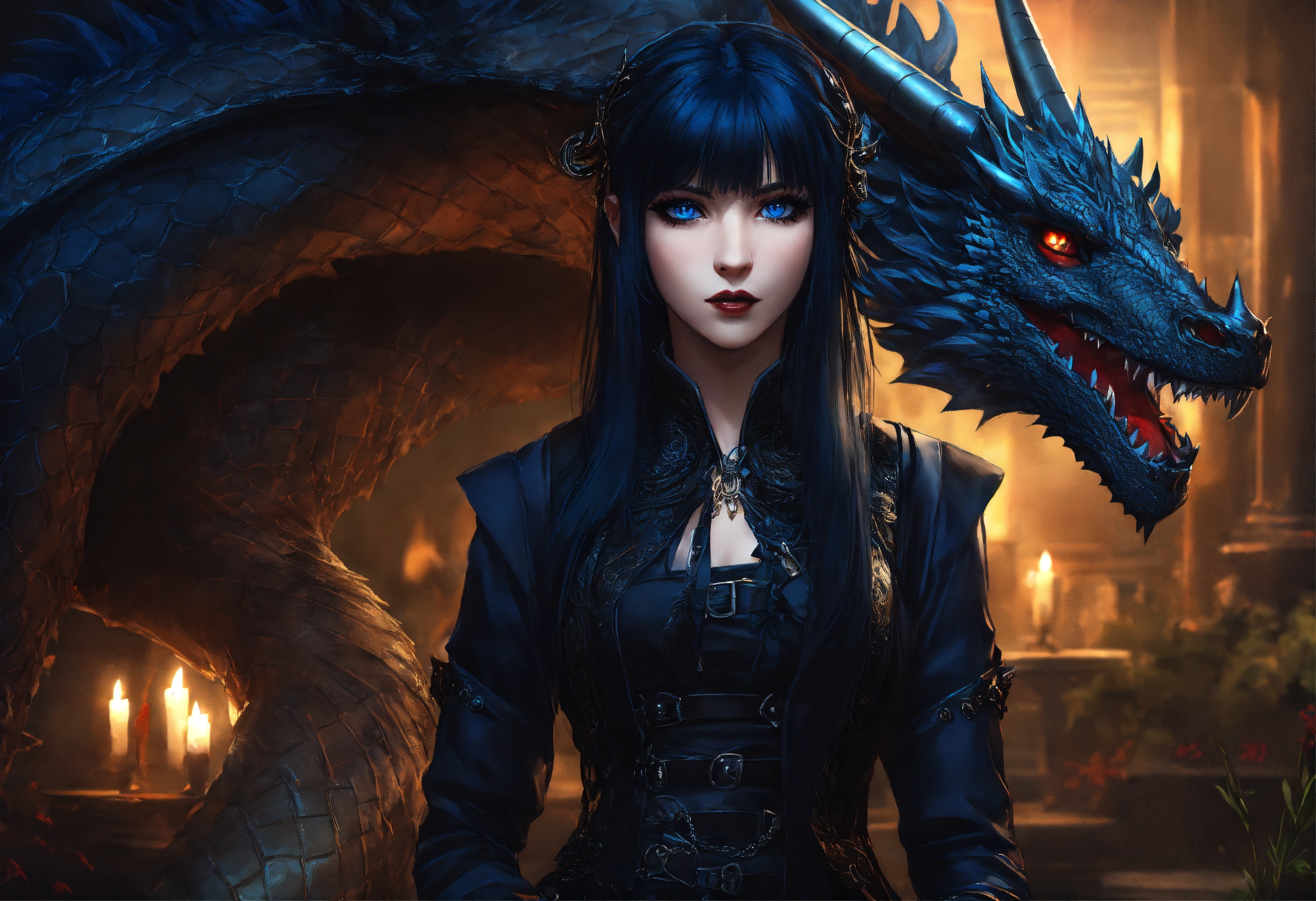 Lexica - Goth female, blue eyes, with black horns, black hair, bangs ...